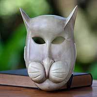 Handmade Wood Cat Mask - Feline Mystique | NOVICA