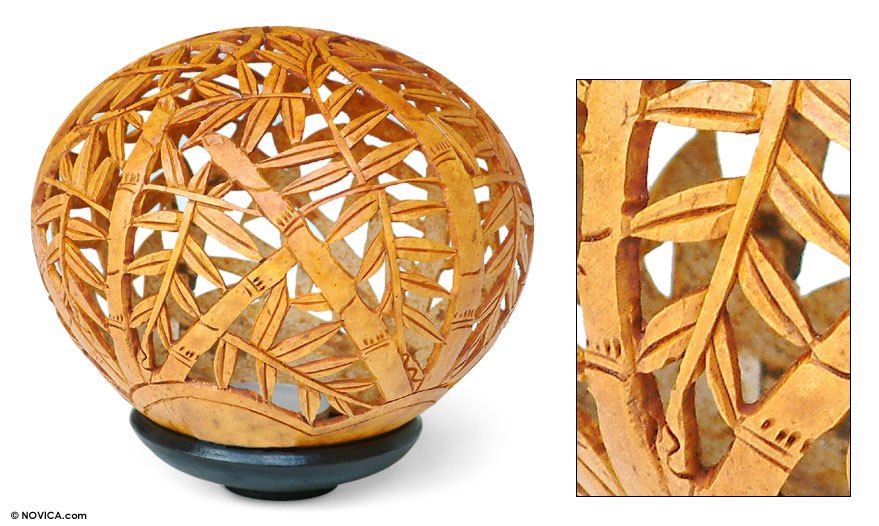 Handcrafted Leaf and Tree Coconut Shell Carving - Bamboo Grove | NOVICA