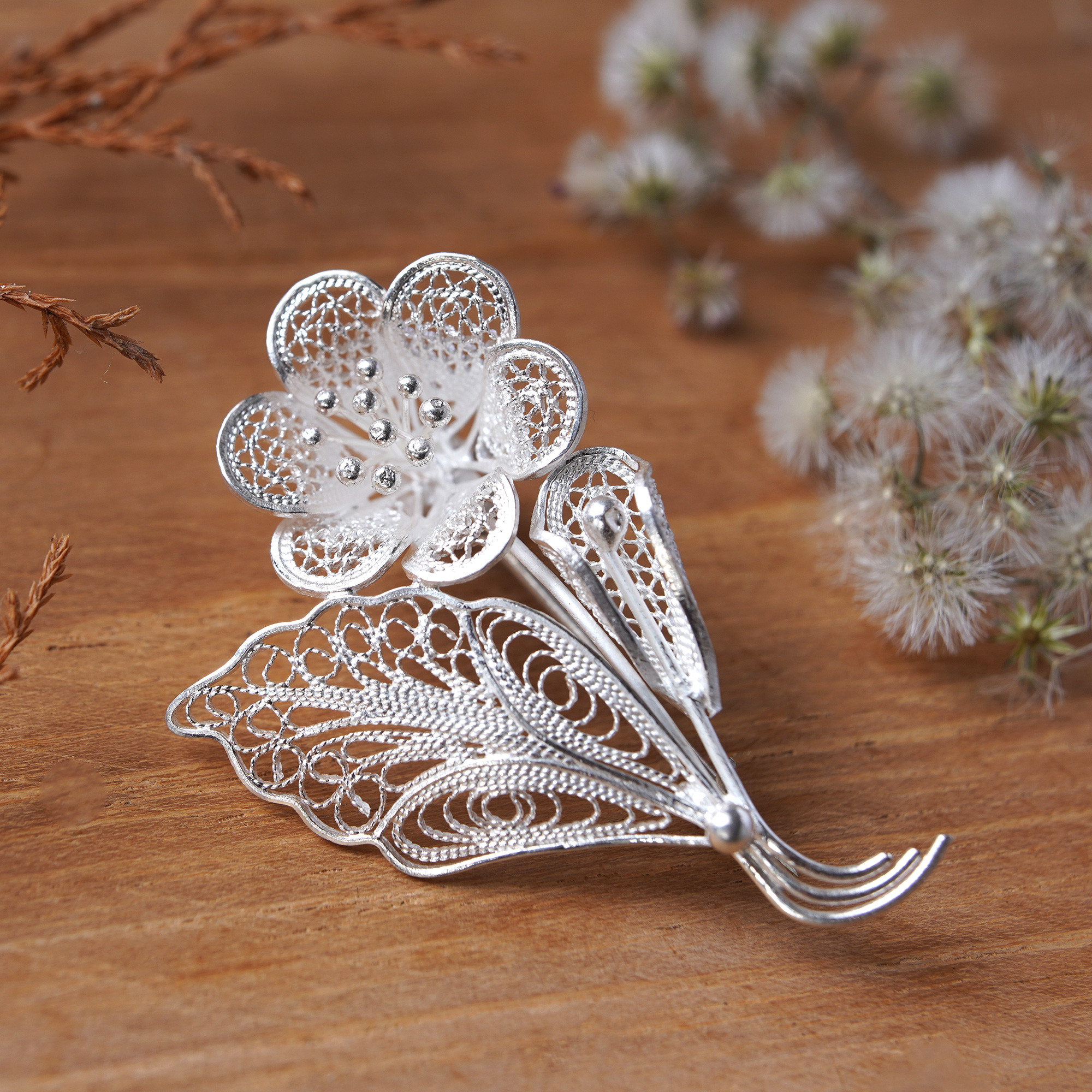 Sterling silver brooch pin - Silver Allamanda | NOVICA