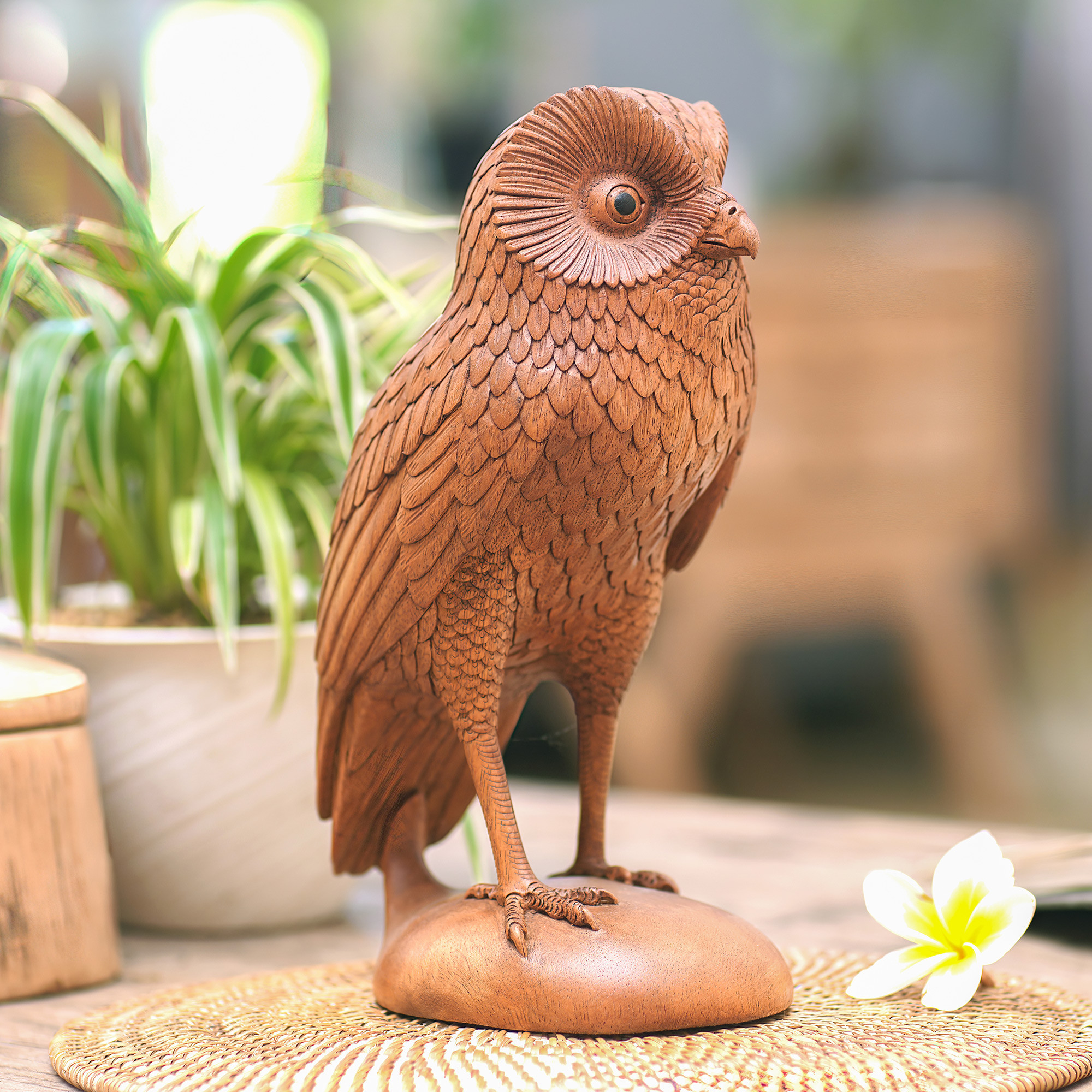 Handcrafted Wood Bird Sculpture - Night Owl | NOVICA