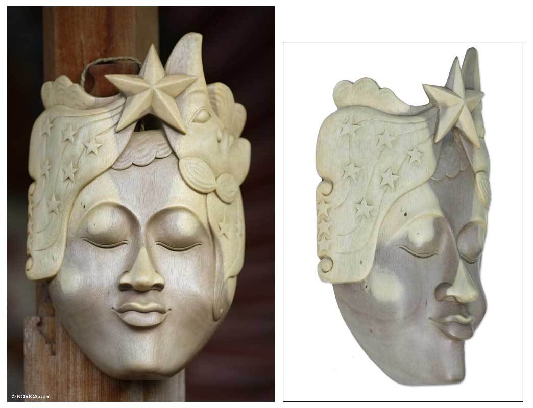 Hand Carved Wood Mask from Indonesia - Goddess of the Moon and Stars ...