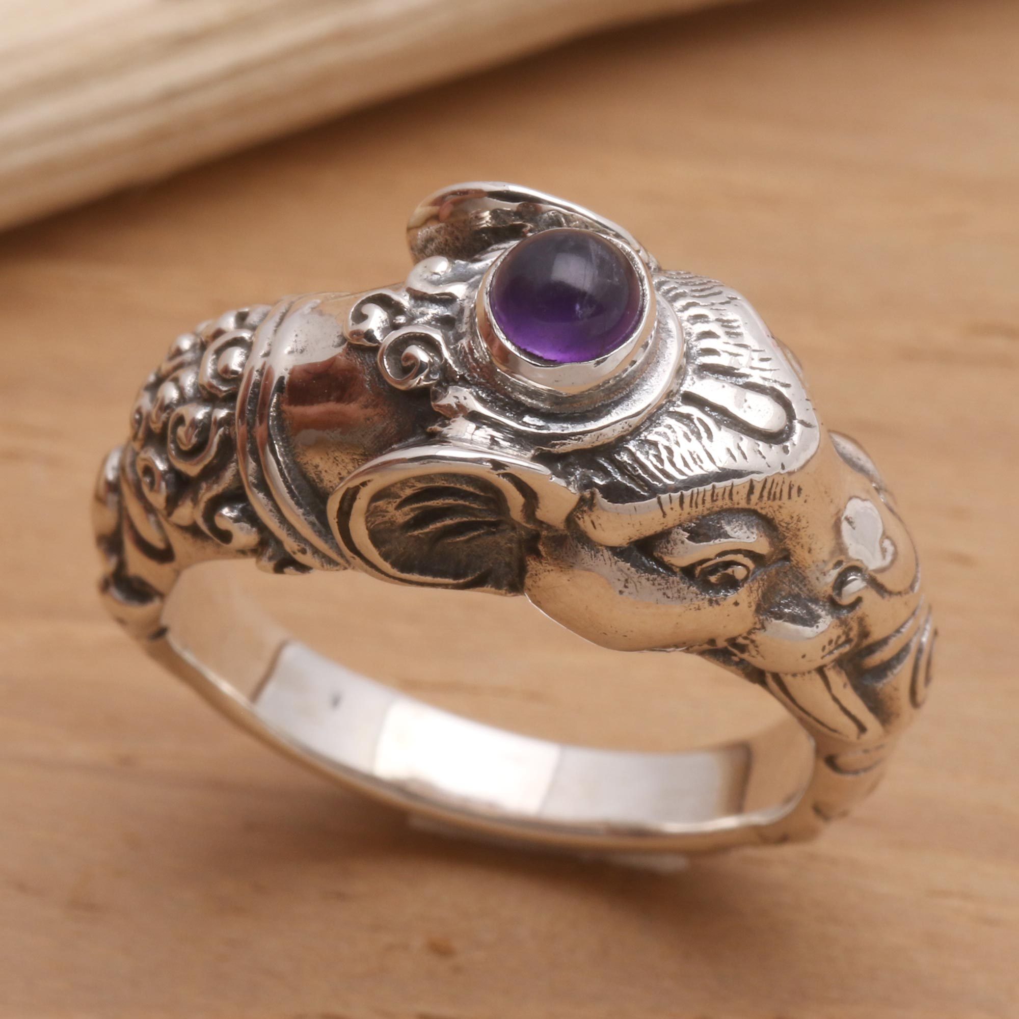UNICEF Market | Men's Sterling Silver and Amethyst Ring - Balinese Elephant