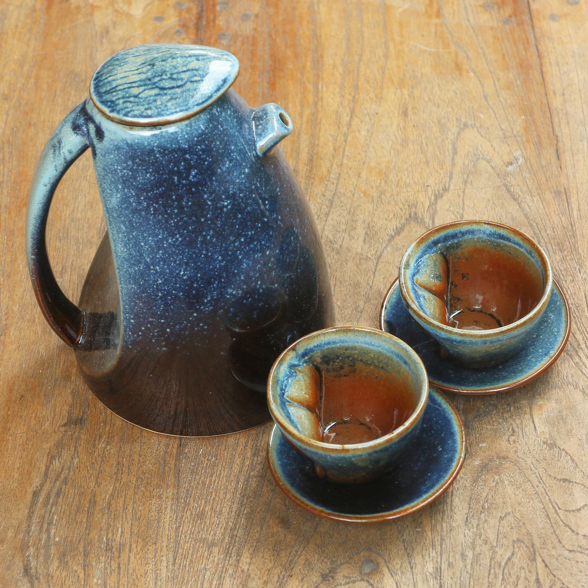UNICEF Market | Fair Trade Modern Ceramic Tea Set - Blue Vortex