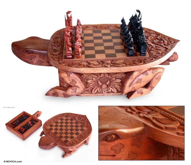 Mahogany Wood Frog Chess Set - Time Leaps | NOVICA