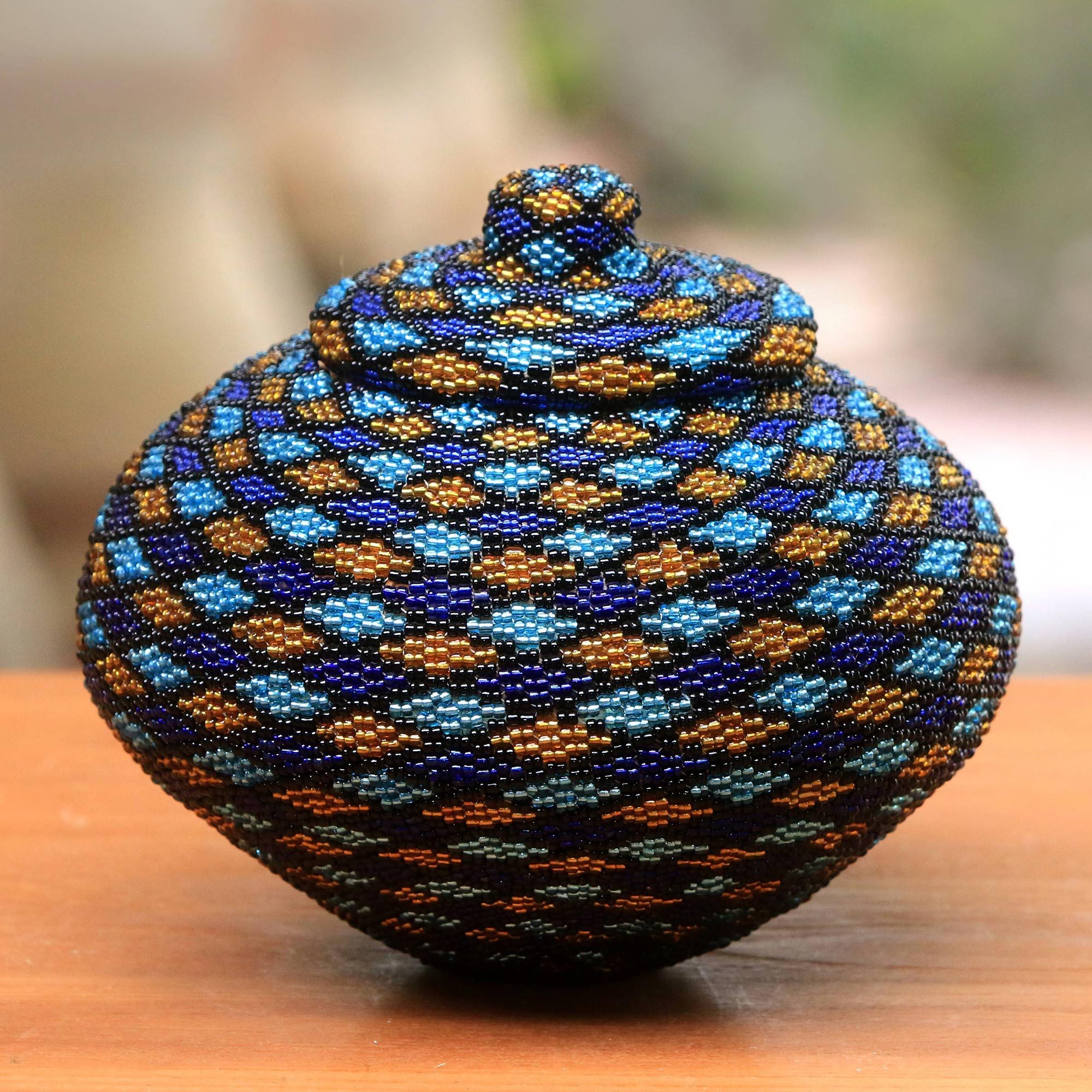 Indonesian Hand Beaded Natural Fiber Basket - Hypnotic Diamond | NOVICA