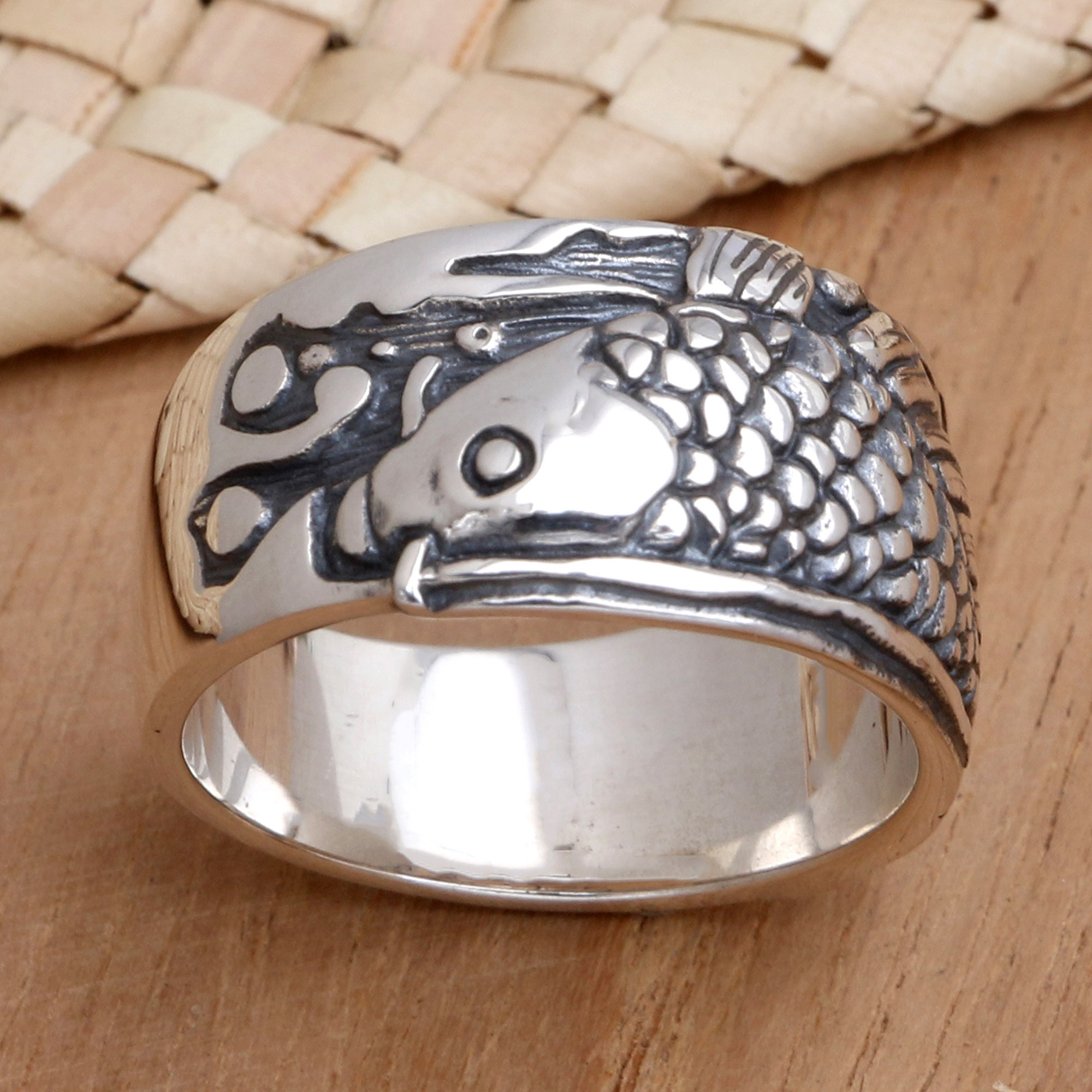 Men's Indonesian Sterling Silver Band Ring - Dragon Fish | NOVICA