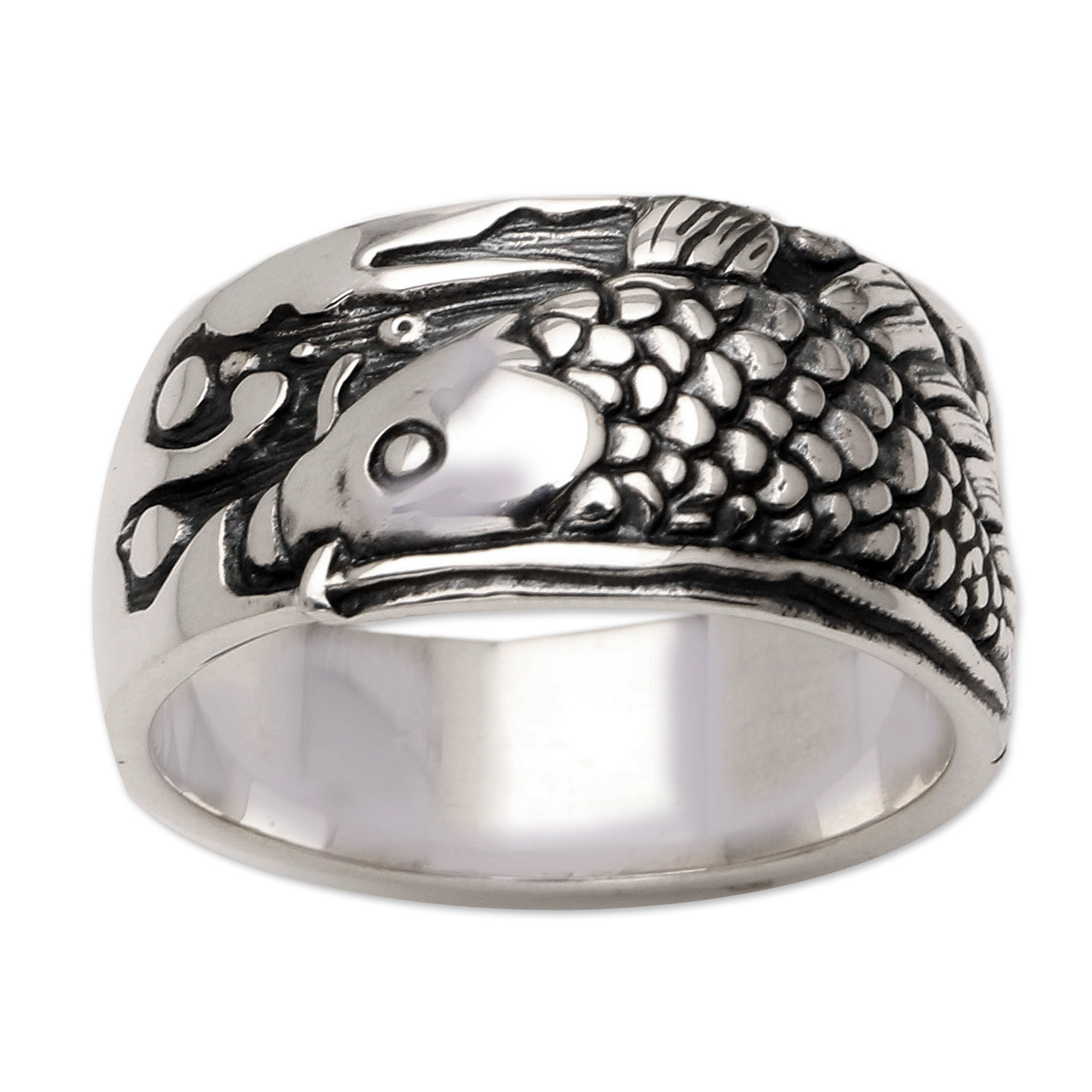Men's Indonesian Sterling Silver Band Ring - Dragon Fish | NOVICA