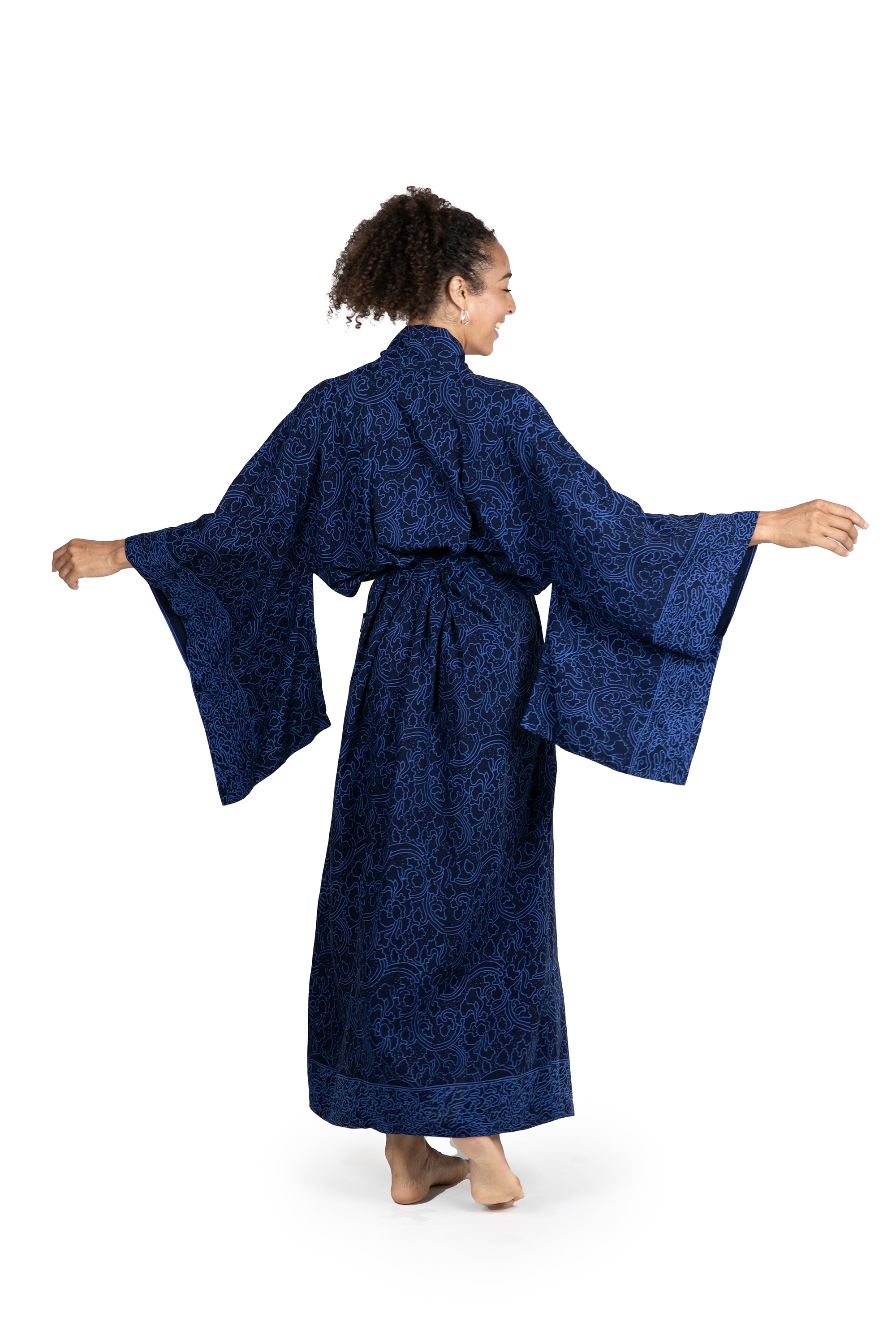 Indigo Women's Batik Robe from Indonesia - Indigo Orchids | NOVICA