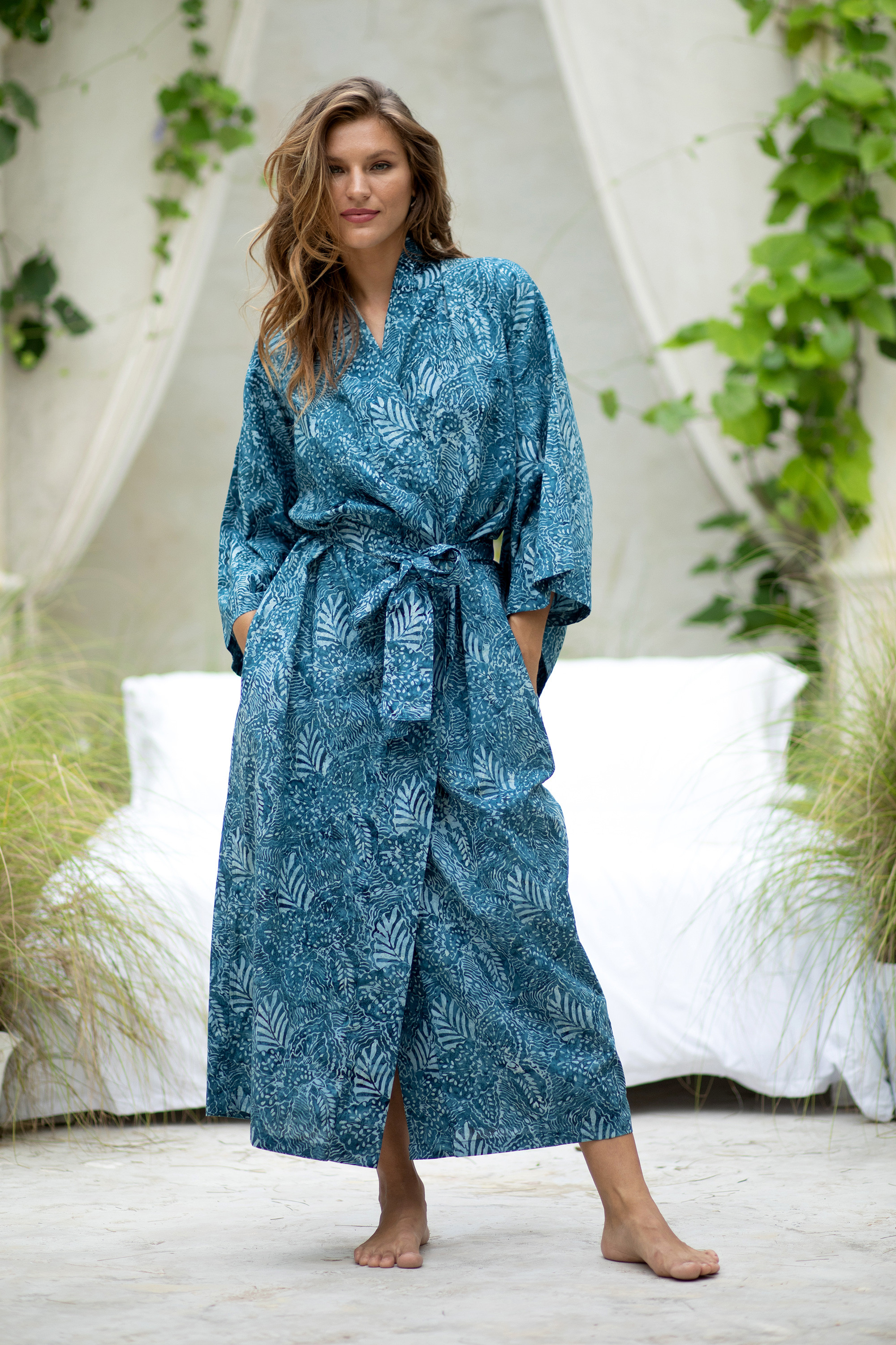 UNICEF Market | Artisan Crafted Long Batik Cotton Robe for Women - Blue ...
