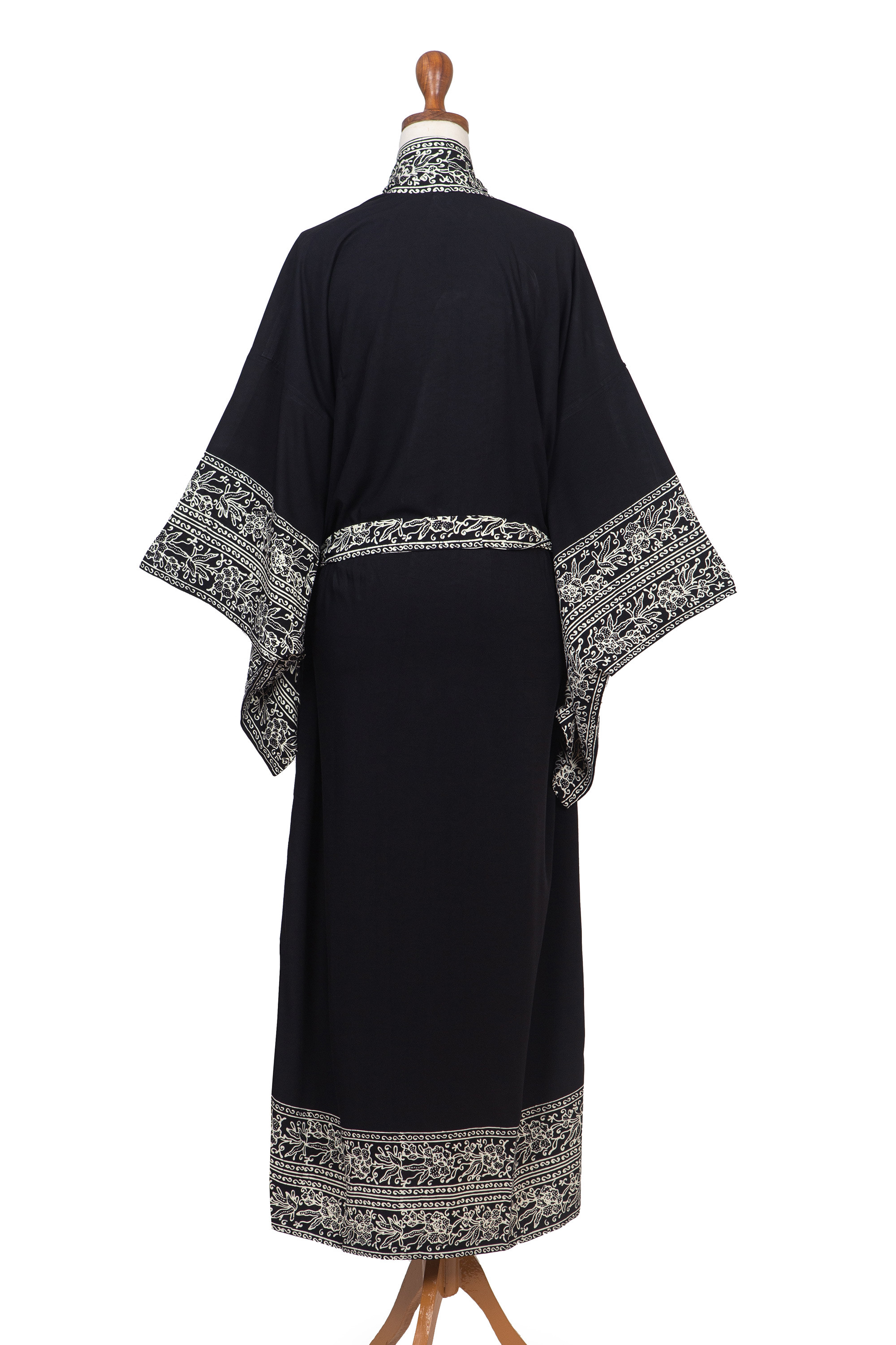 Indonesian Floral Patterned Black and Ivory Robe - Batik Midnight | NOVICA