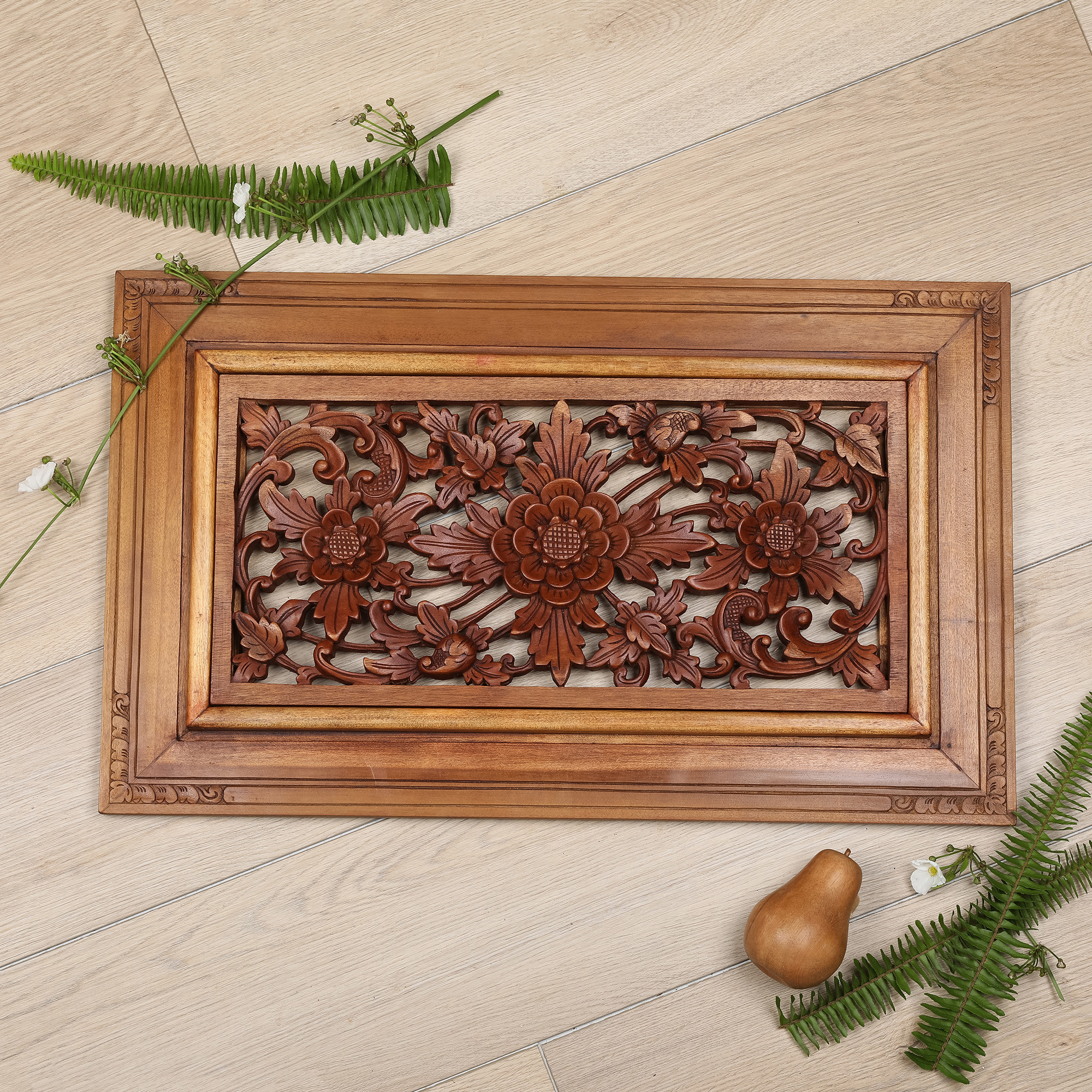 Floral Wood Relief Panel - Flower of Dreams | NOVICA