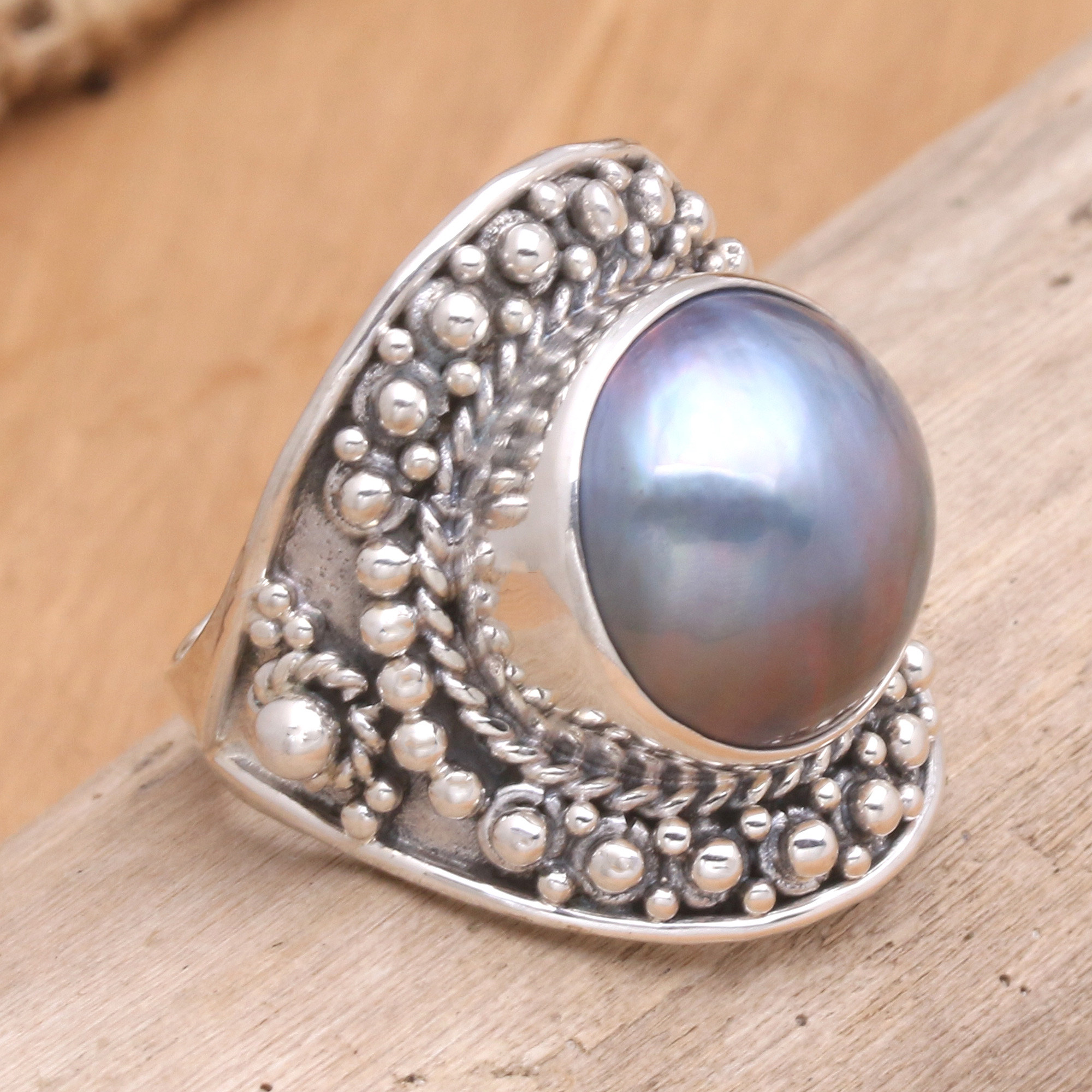 Unique Indonesian Sterling Silver and Pearl Cocktail Ring - Blue Bali ...