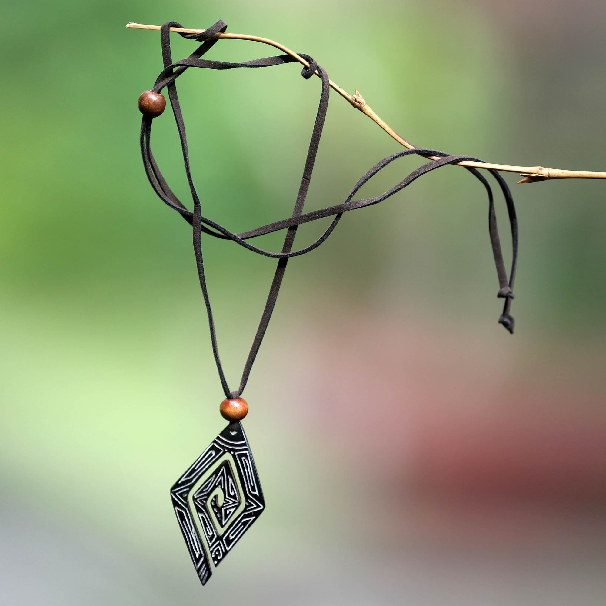 Bone pendant necklace - Glyphs | NOVICA