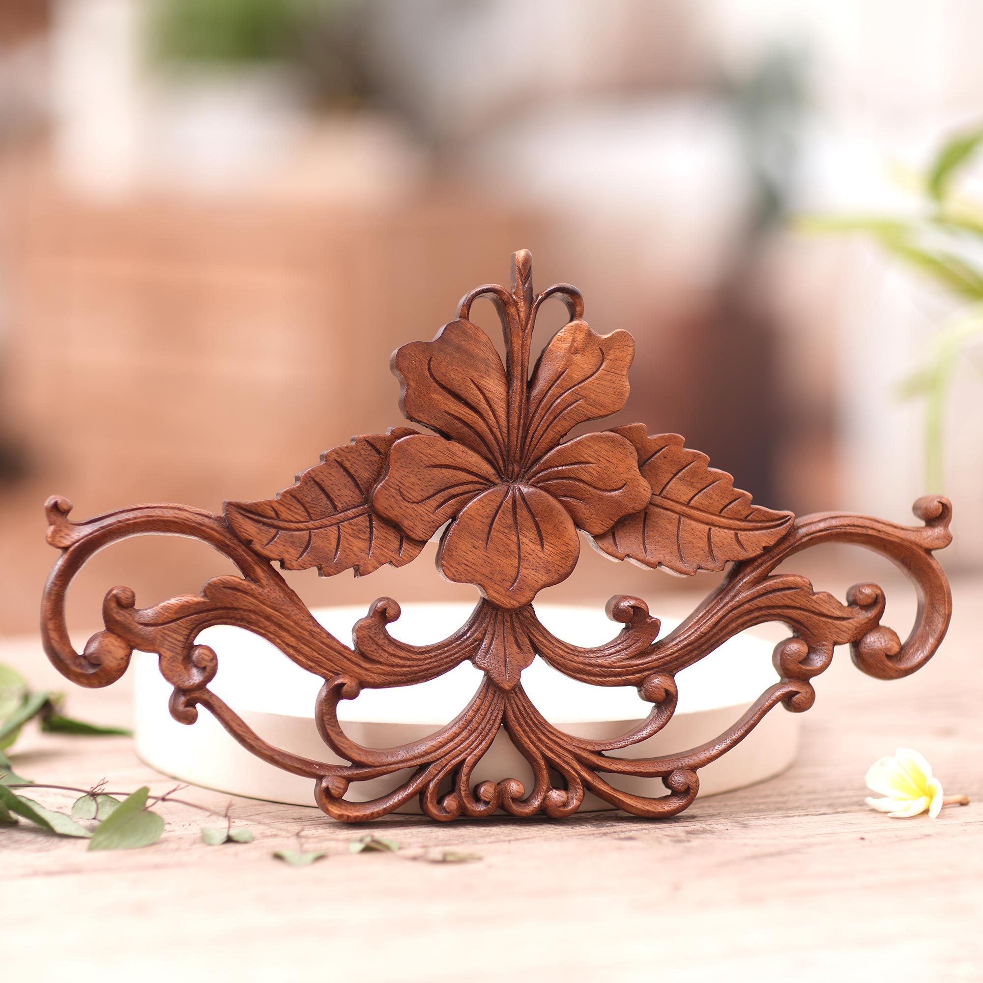 Unique Floral Wood Relief Panel from Indonesia - Hibiscus | NOVICA