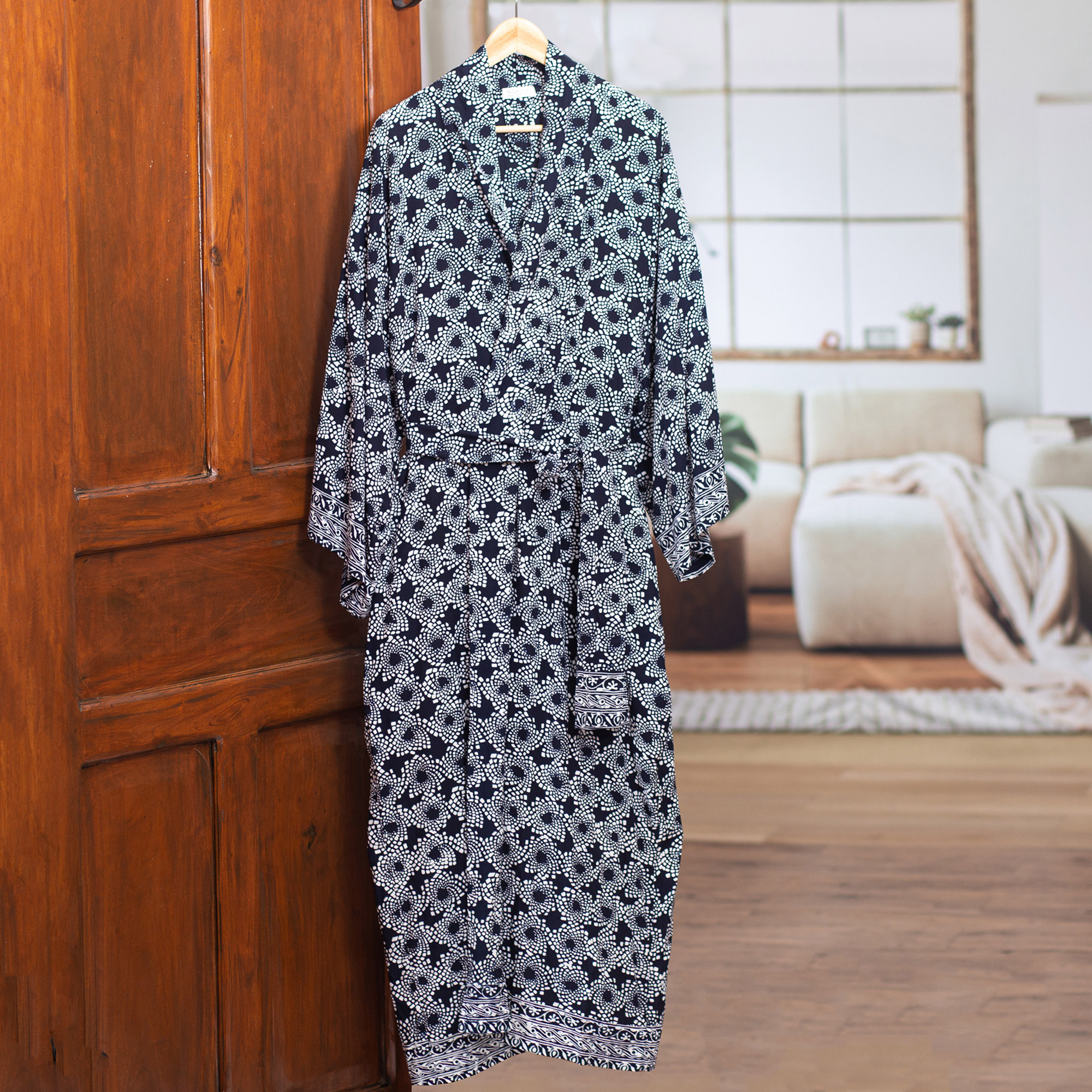 UNICEF Market | Men's Batik Robe from Indonesia - Navy Blue Nebula