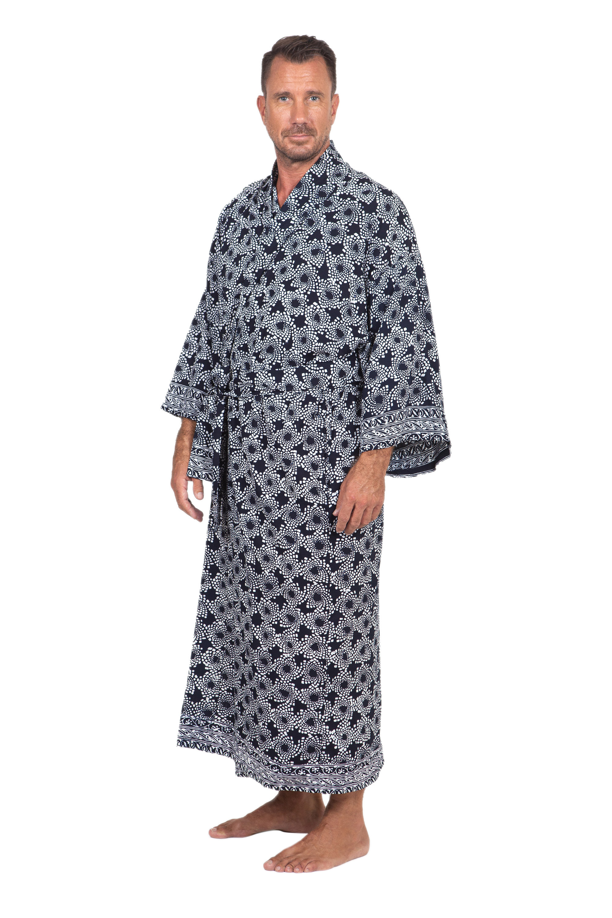 UNICEF Market | Men's Batik Robe from Indonesia - Navy Blue Nebula