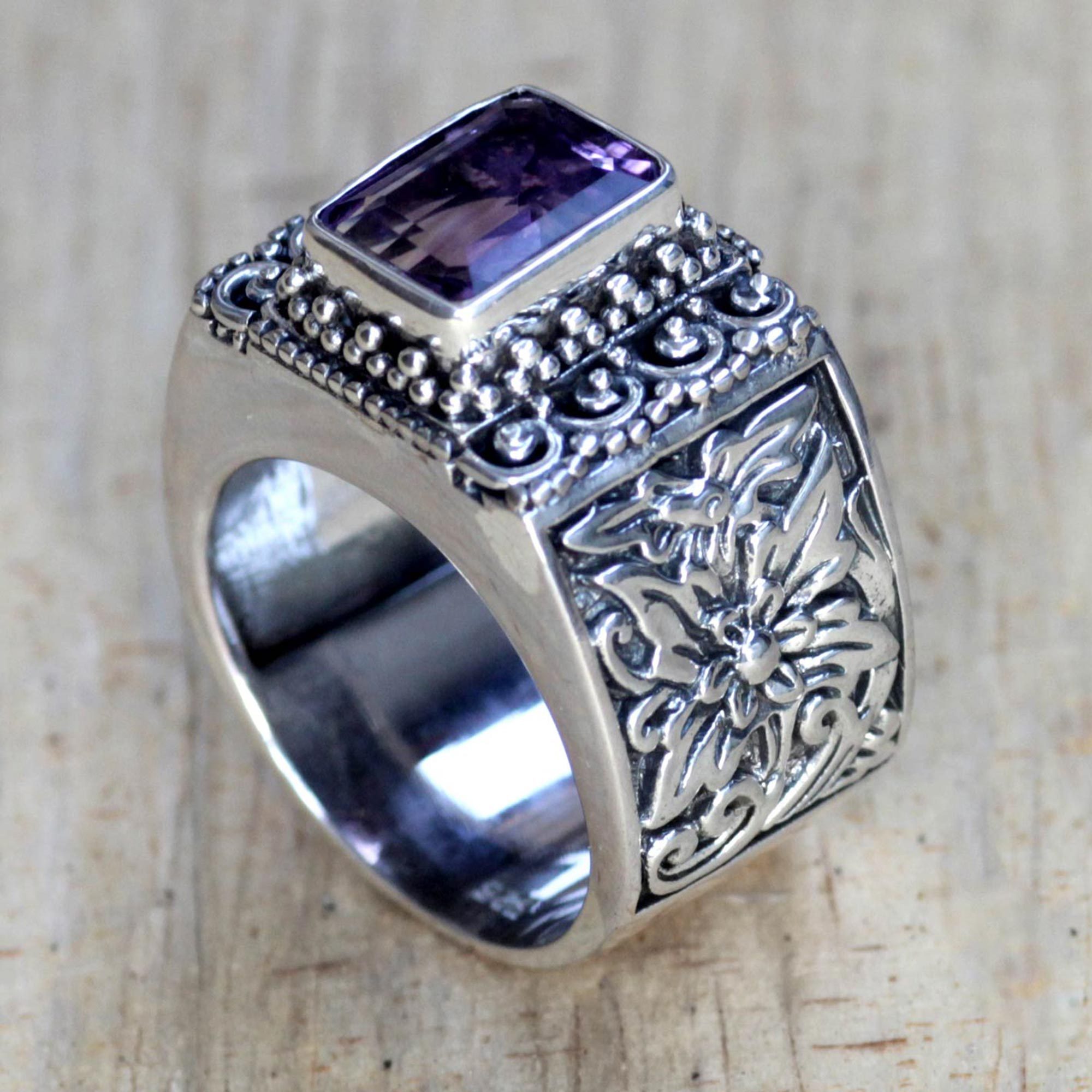 Balinese Silver and Amethyst Cocktail Ring - Royal Beauty | NOVICA