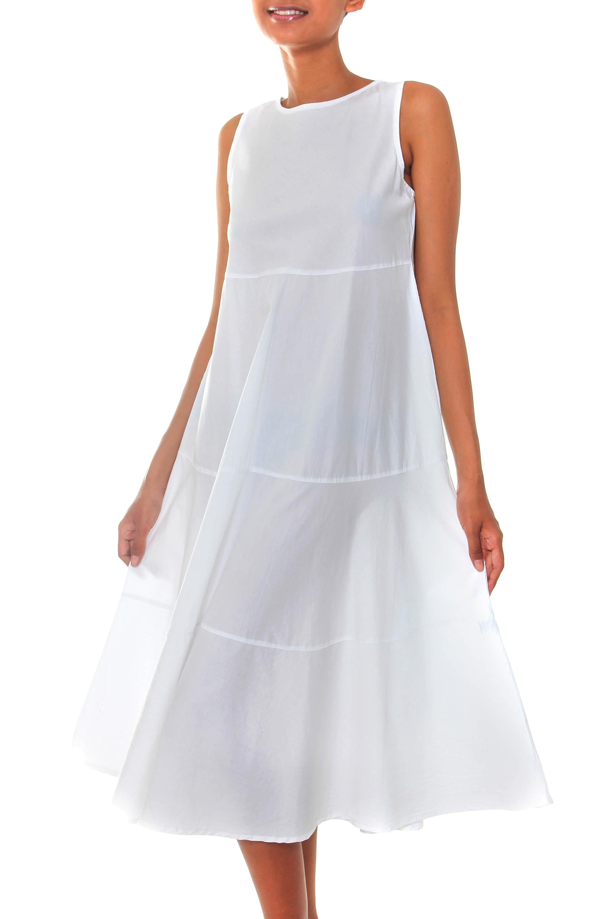 Sleeveless Knee-length Cotton Dress from Bali - Cool White | NOVICA