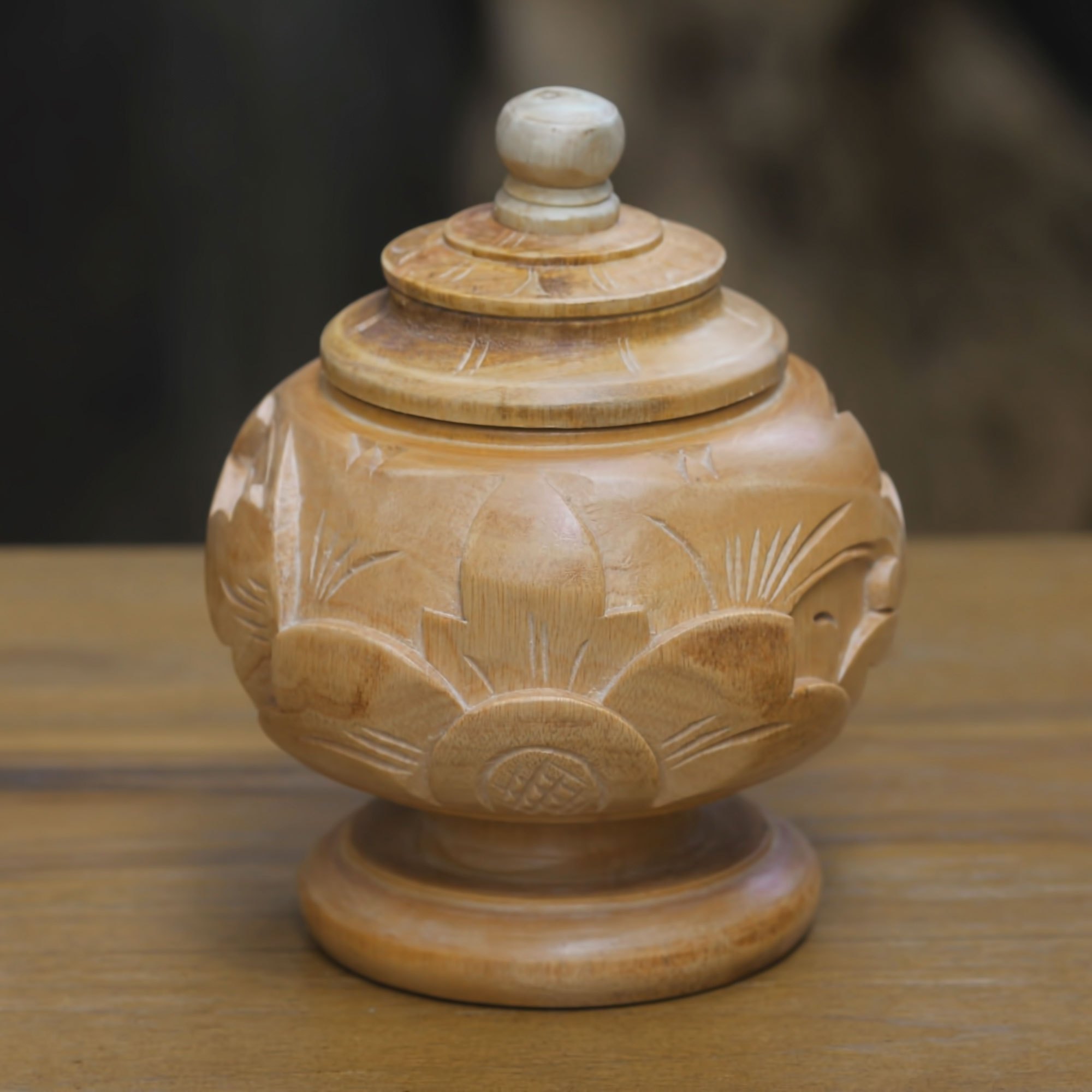 Decorative mahogany wood jar - Bali Bougainvillea I | NOVICA