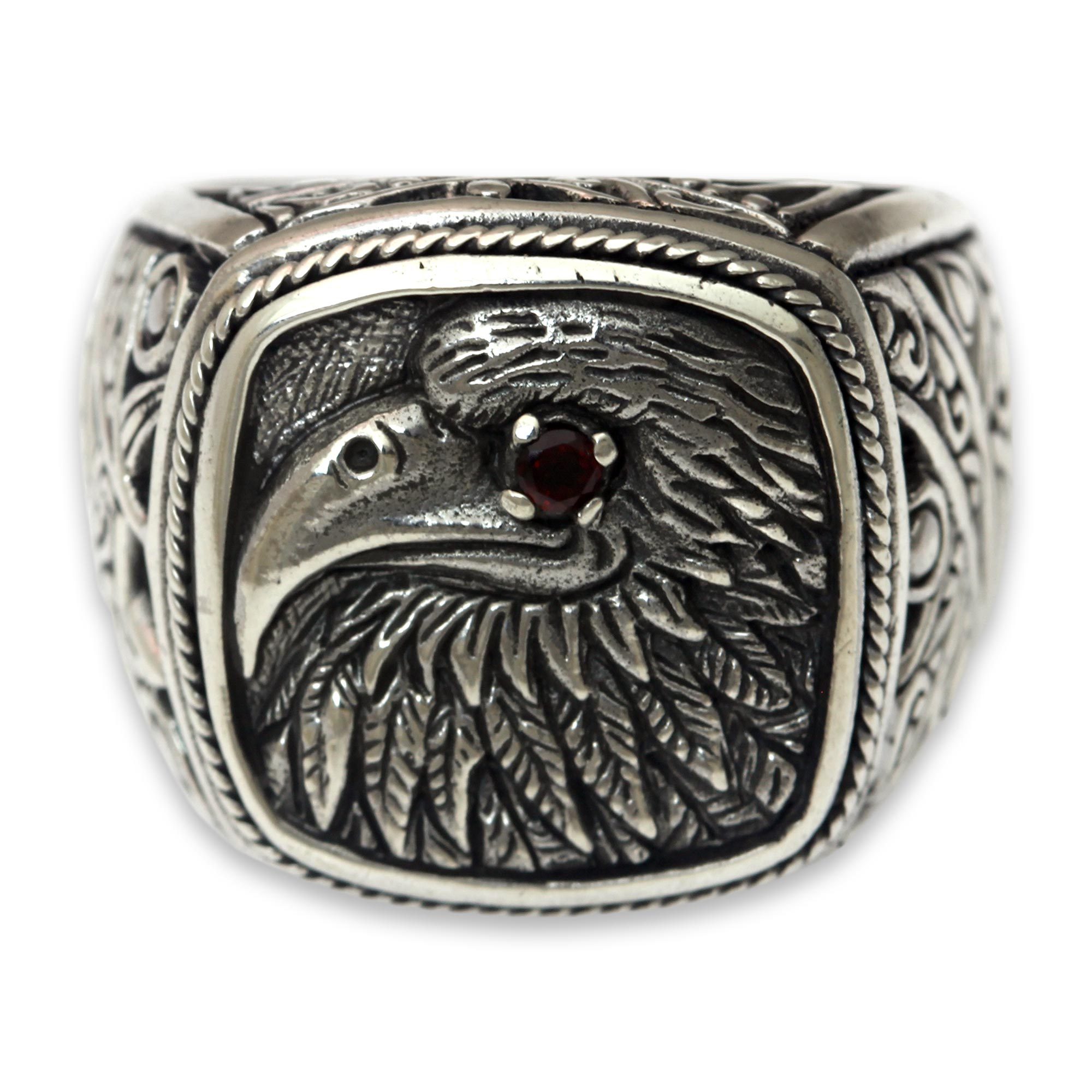 Eagle Theme Handcrafted Sterling Silver and Garnet Ring - Java Eagle ...