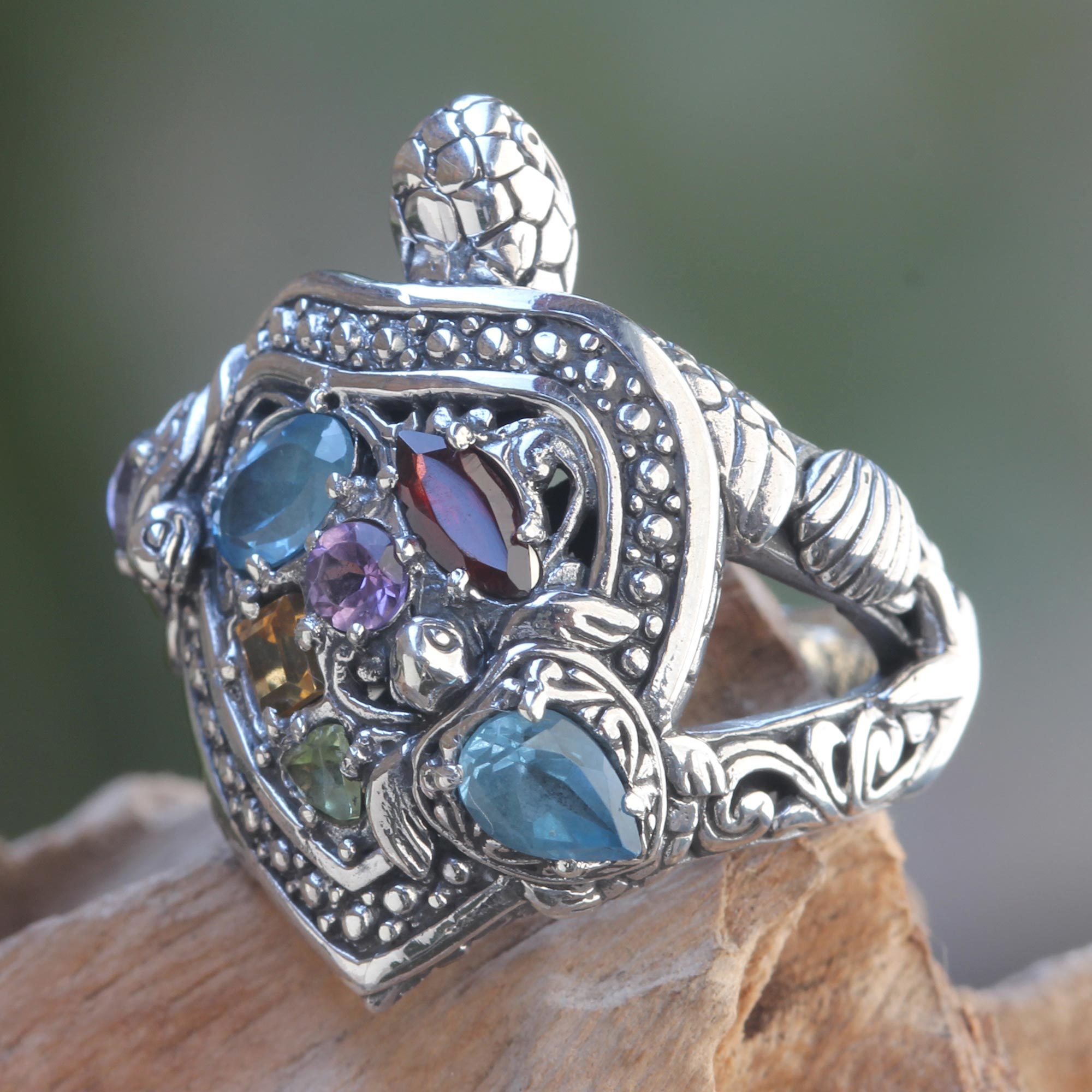 Artisan Crafted Balinese Turtle Theme Ring with Gemstones - Turtle in ...
