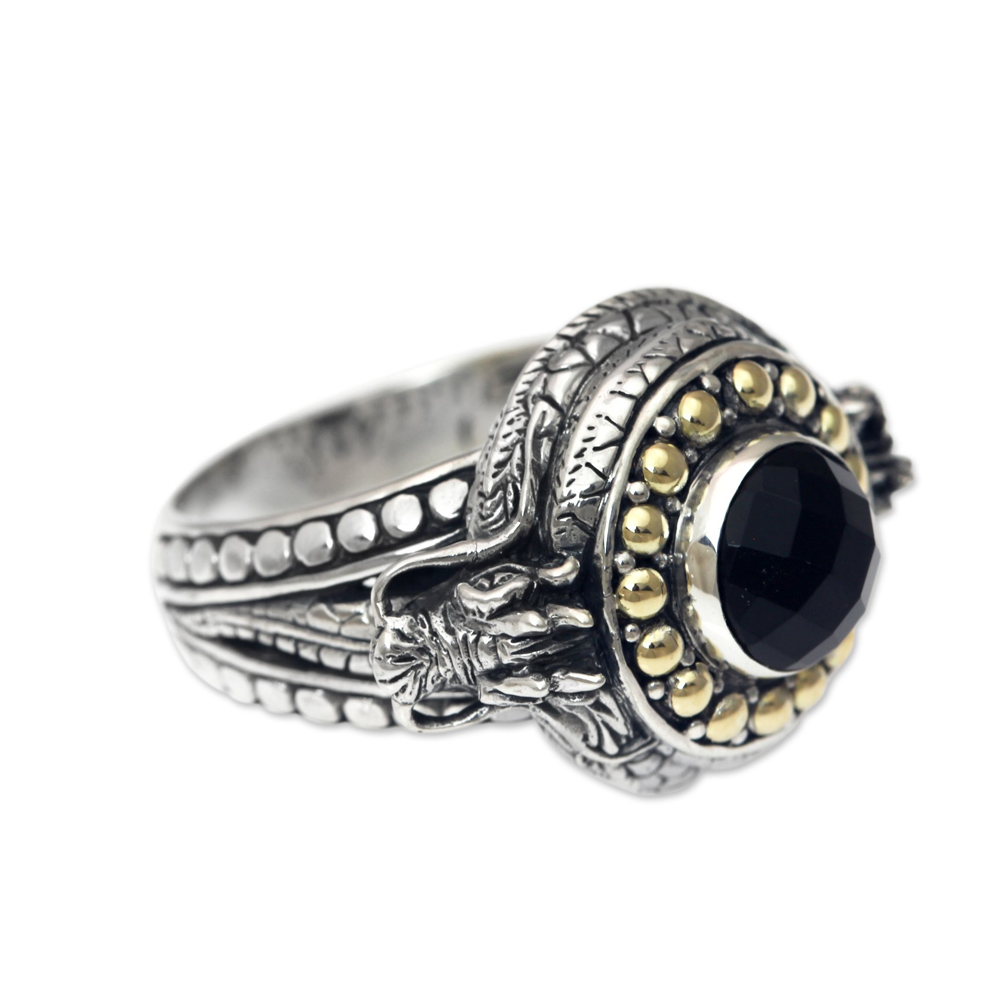 Dragon-shaped Sterling Silver Ring with Onyx and Gold Accent - Dragon ...