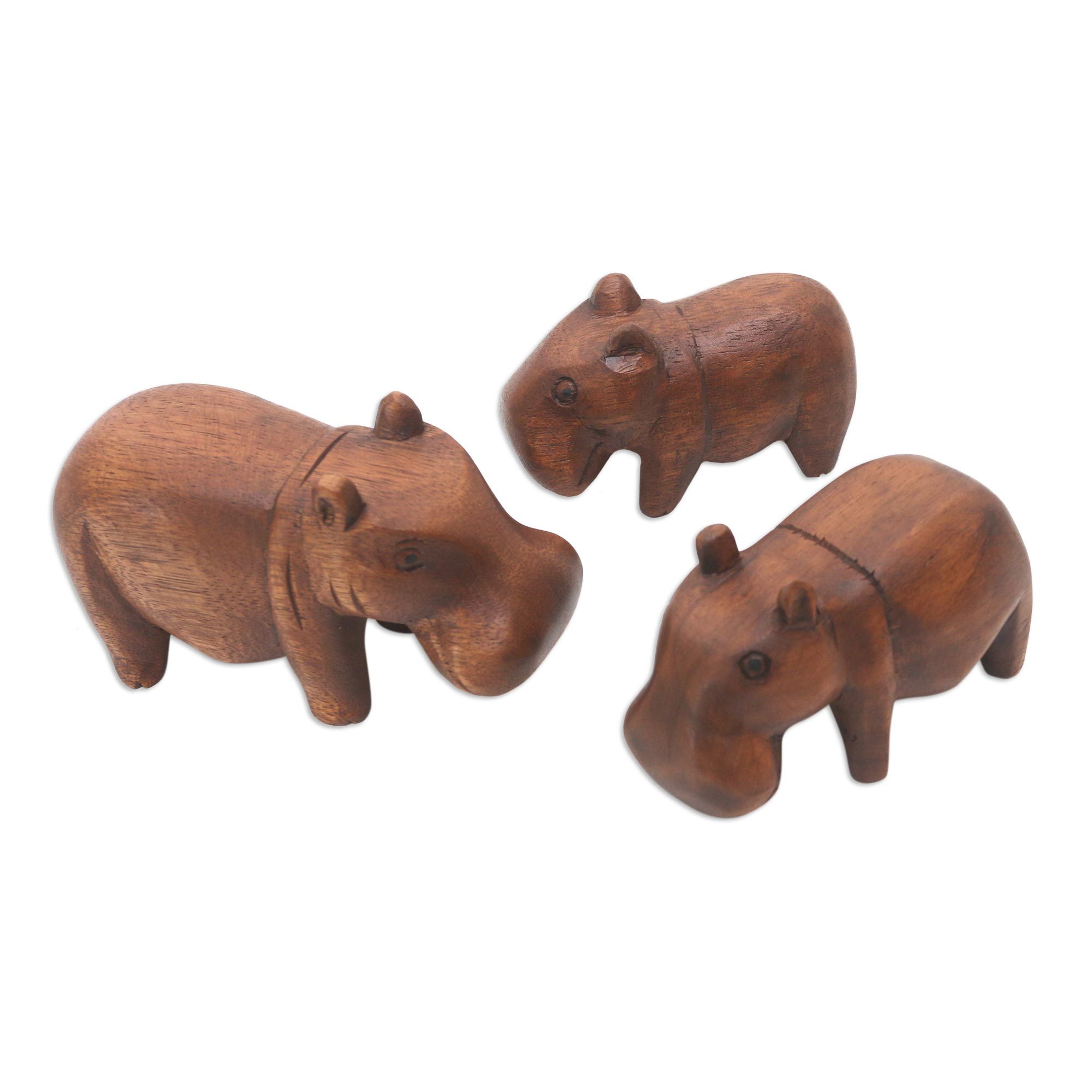 Artisan Made Set of 3 Hippo Sculptures with Natural Finish - Hippo ...