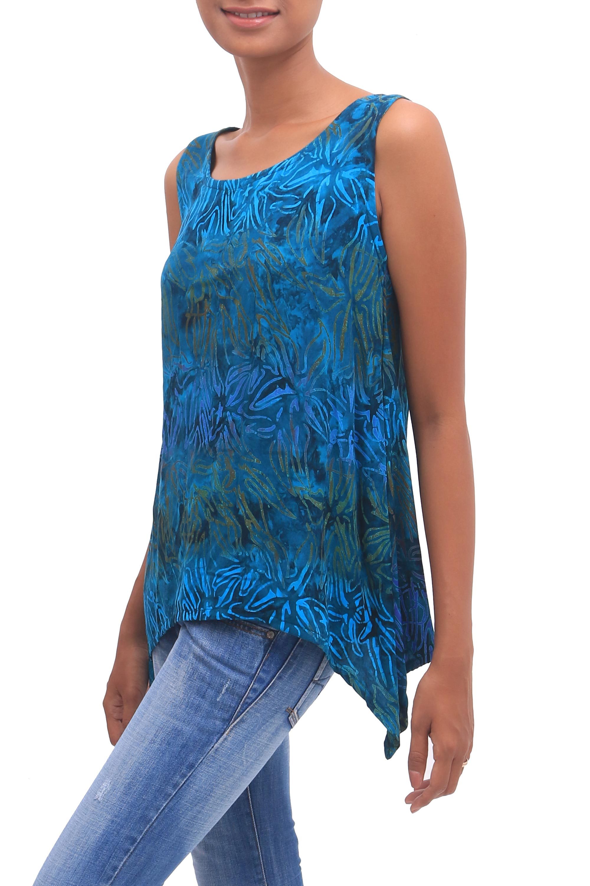 Sleeveless Women's Rayon Tank Top with Teal Floral Print - Kenanga | NOVICA