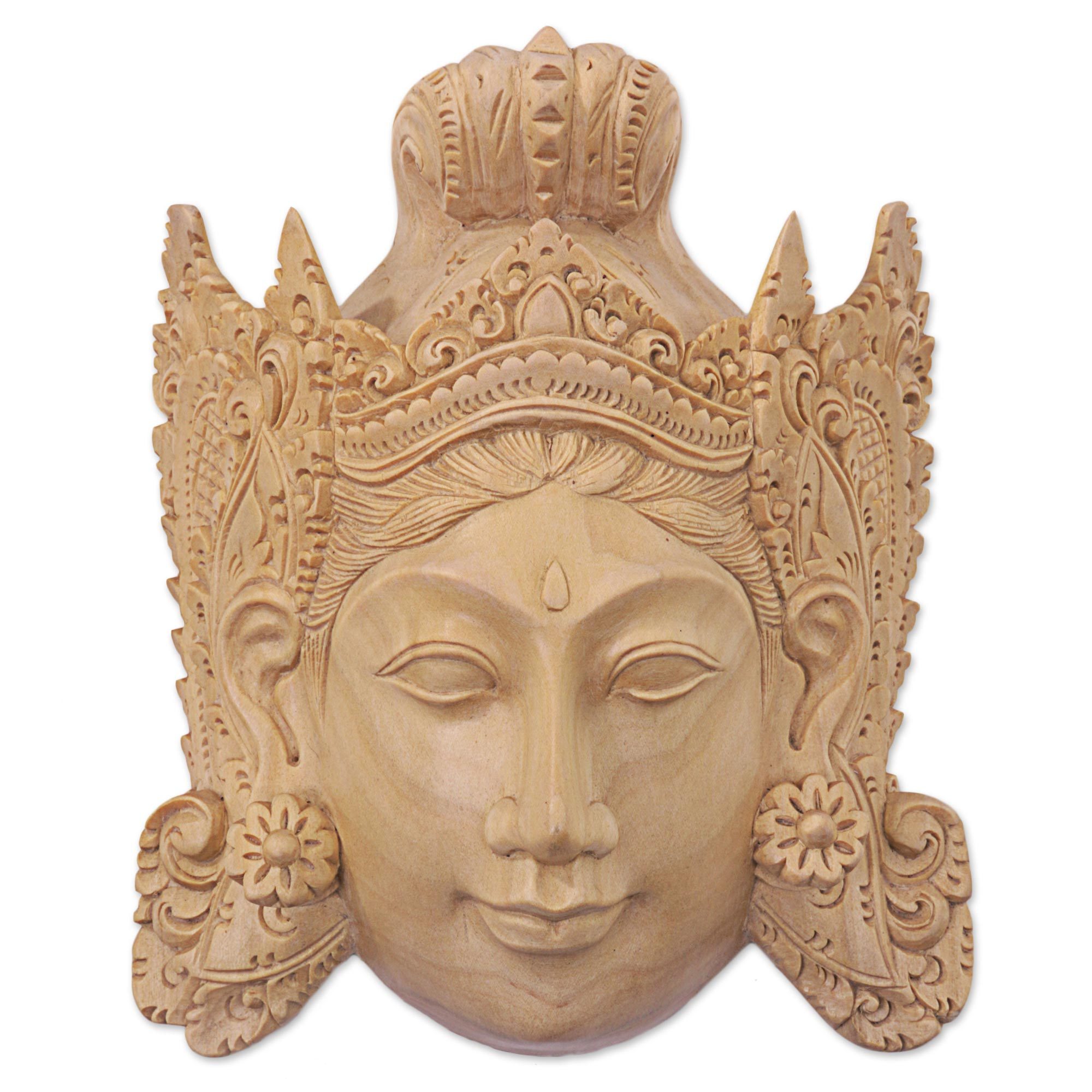 Hand Carved Wood Mask of Sita Floral Motif from Indonesia - Sita | NOVICA