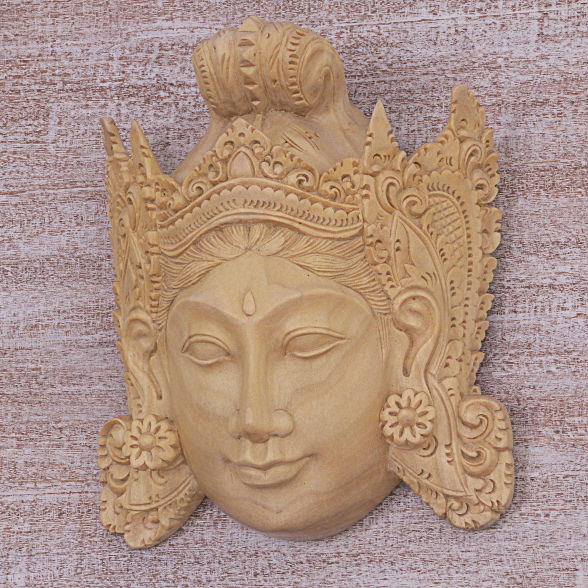 Hand Carved Wood Mask of Sita Floral Motif from Indonesia - Sita | NOVICA