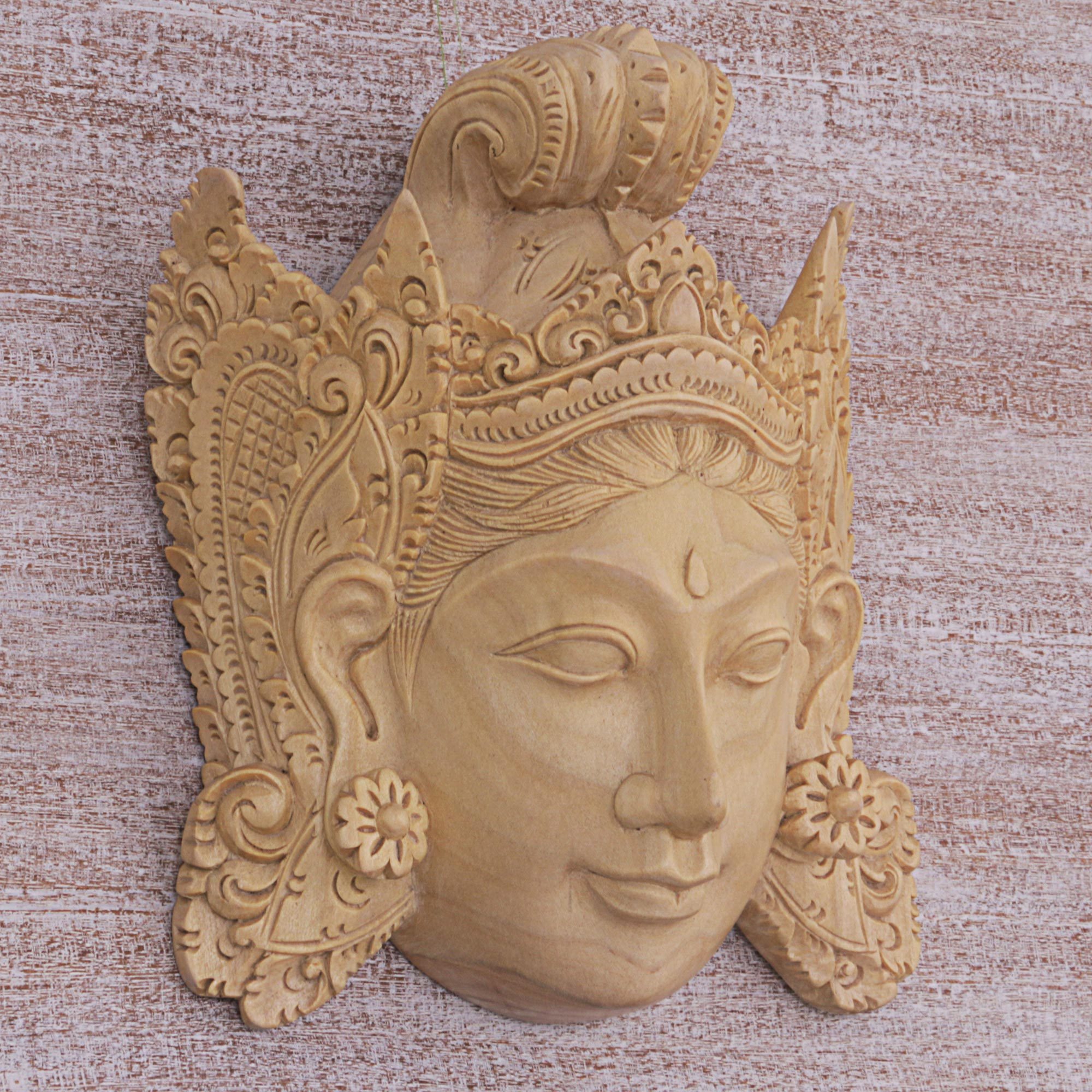 Hand Carved Wood Mask of Sita Floral Motif from Indonesia - Sita | NOVICA
