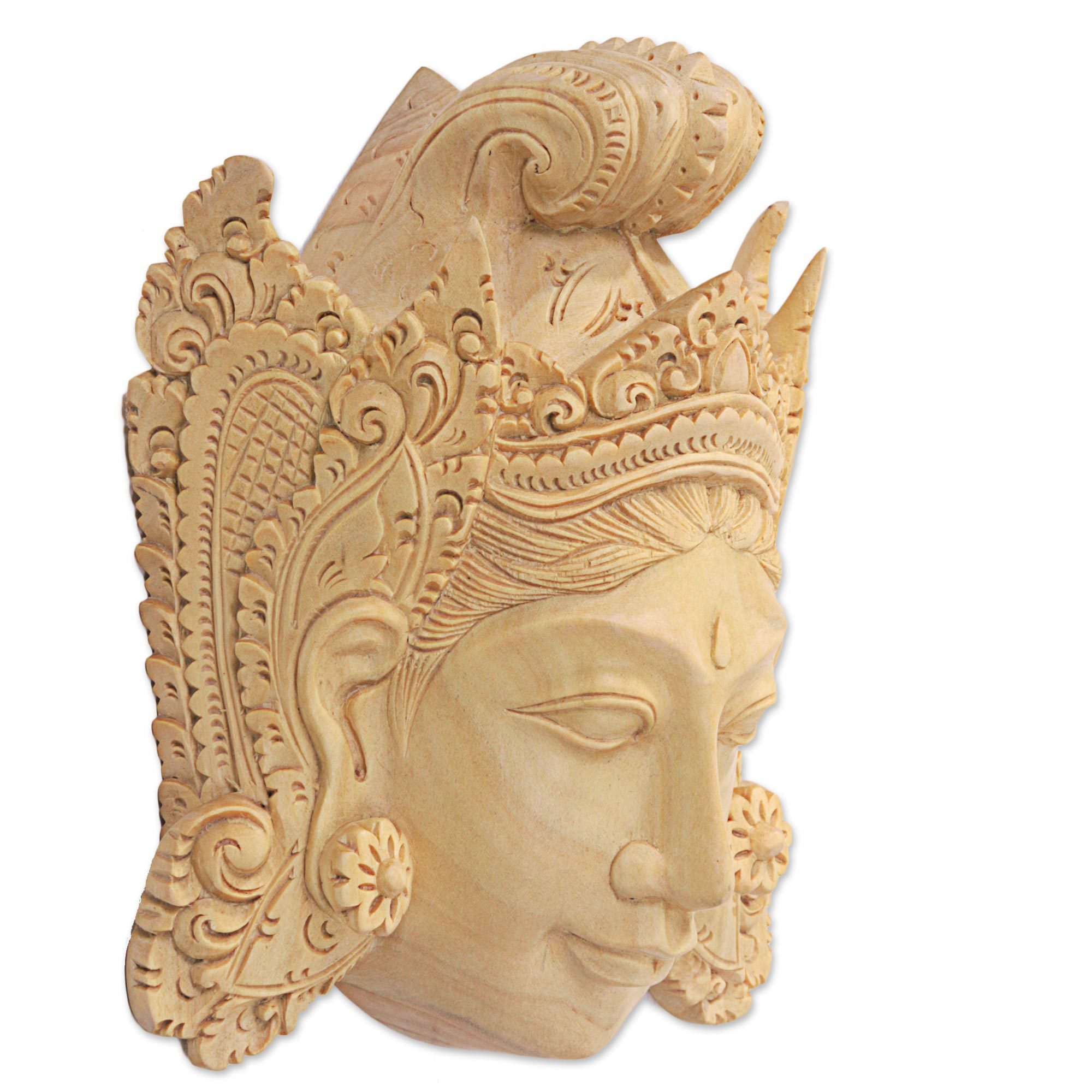 Hand Carved Wood Mask of Sita Floral Motif from Indonesia - Sita | NOVICA