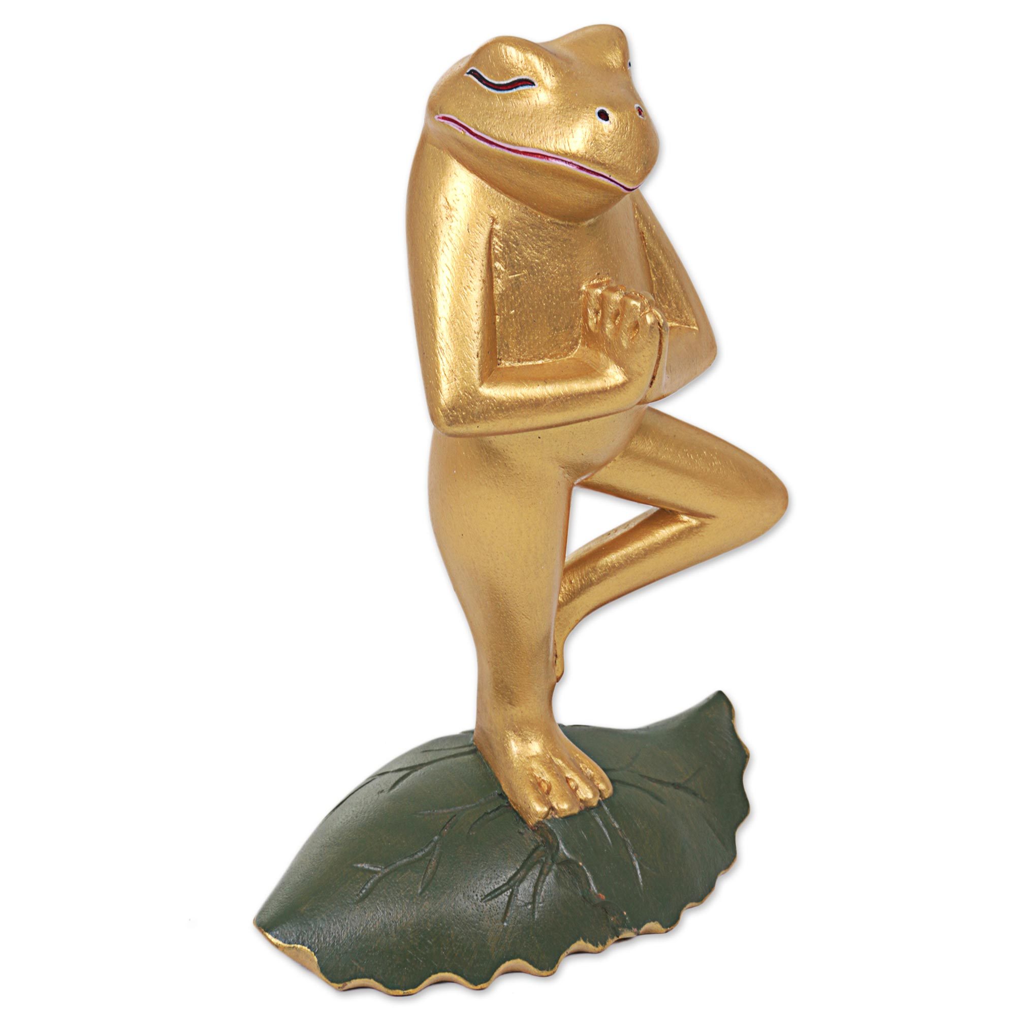 Hand Carved Frog Sculpture Gold Tone from Indonesia - Frog Pose | NOVICA