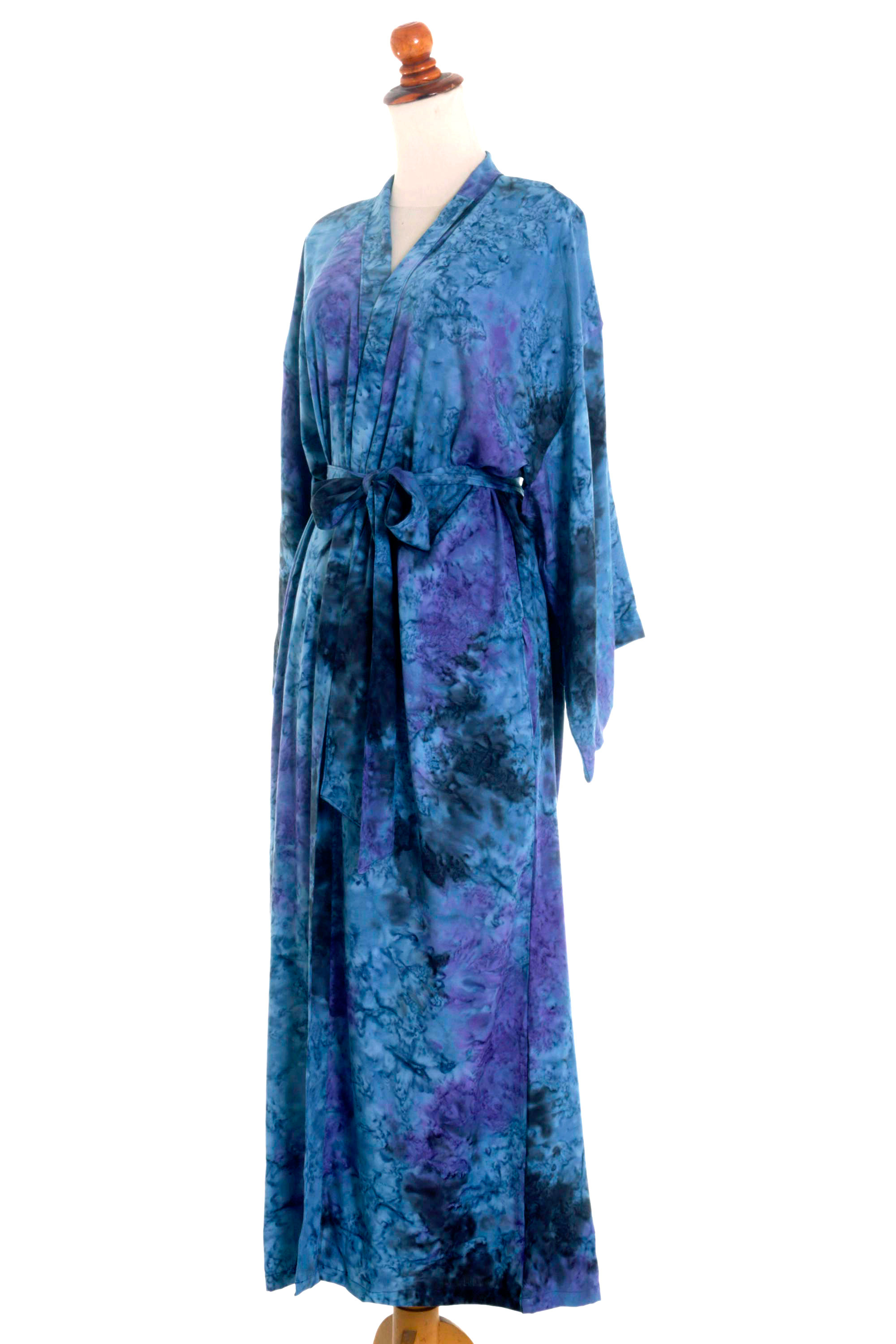 Handmade Tie Dye Blue Rayon Robe from Indonesia - Wild Blues | NOVICA