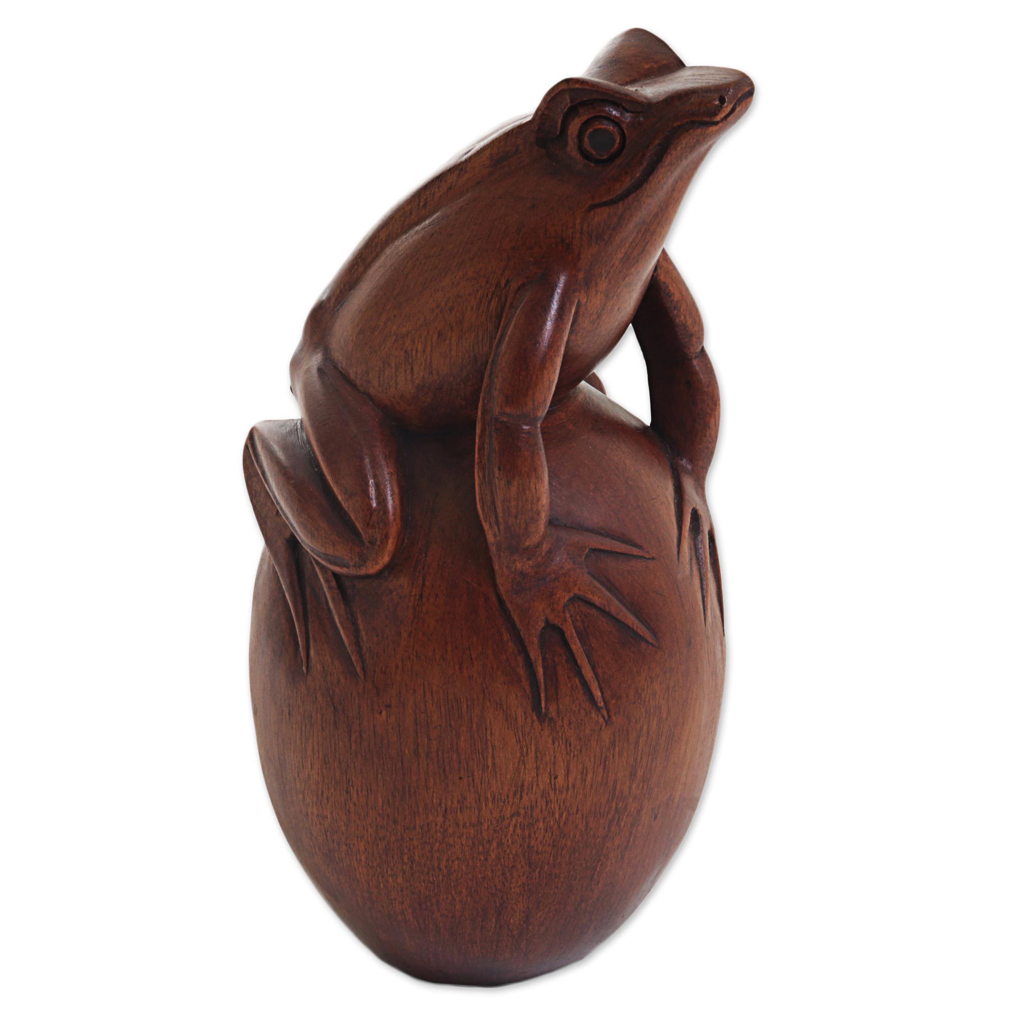 Hand Carved Suar Wood Frog on Pebble Sculpture - Proud Frog | NOVICA