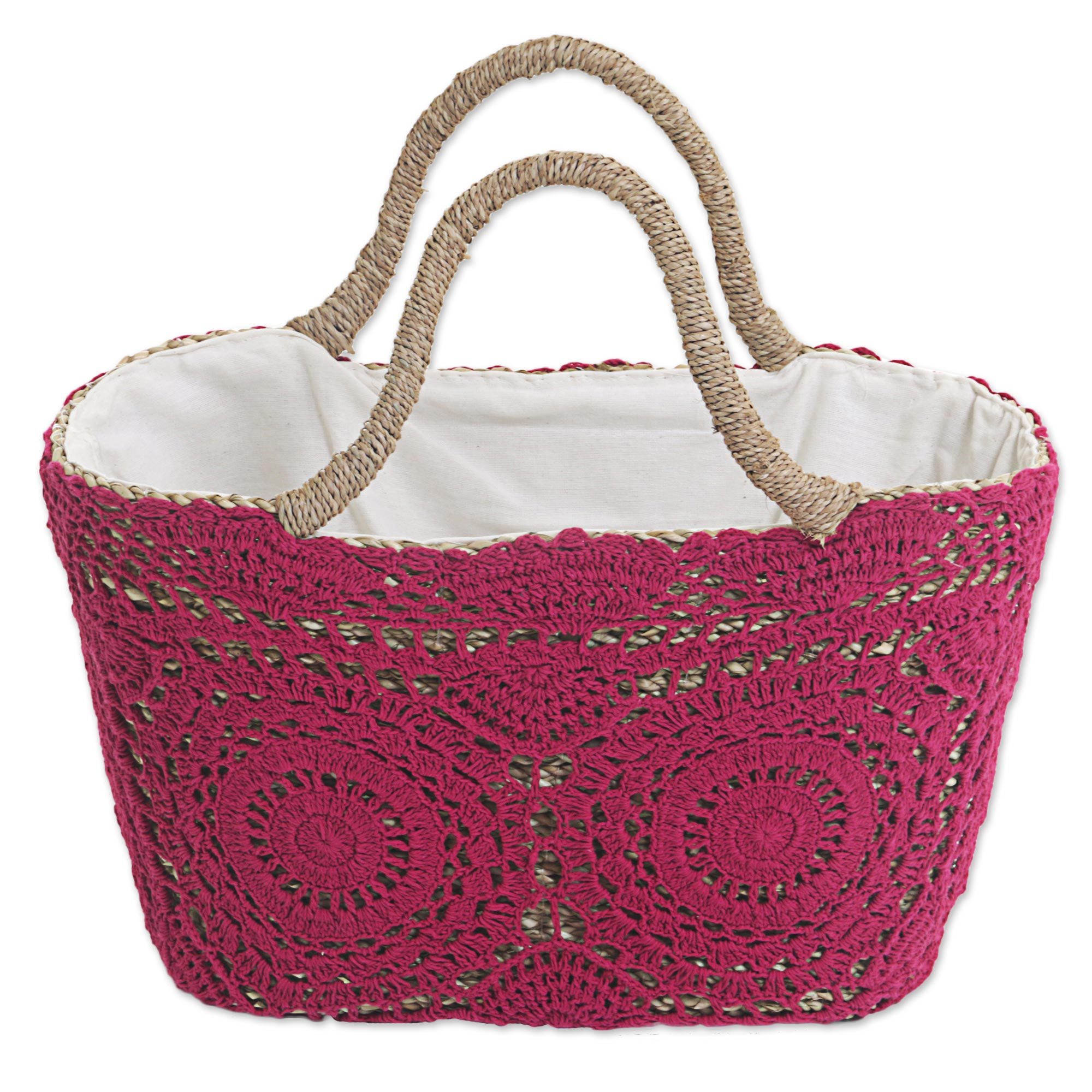 Magenta Crochet on Hand Woven Natural Fiber Shopping Bag - Twin Magenta ...