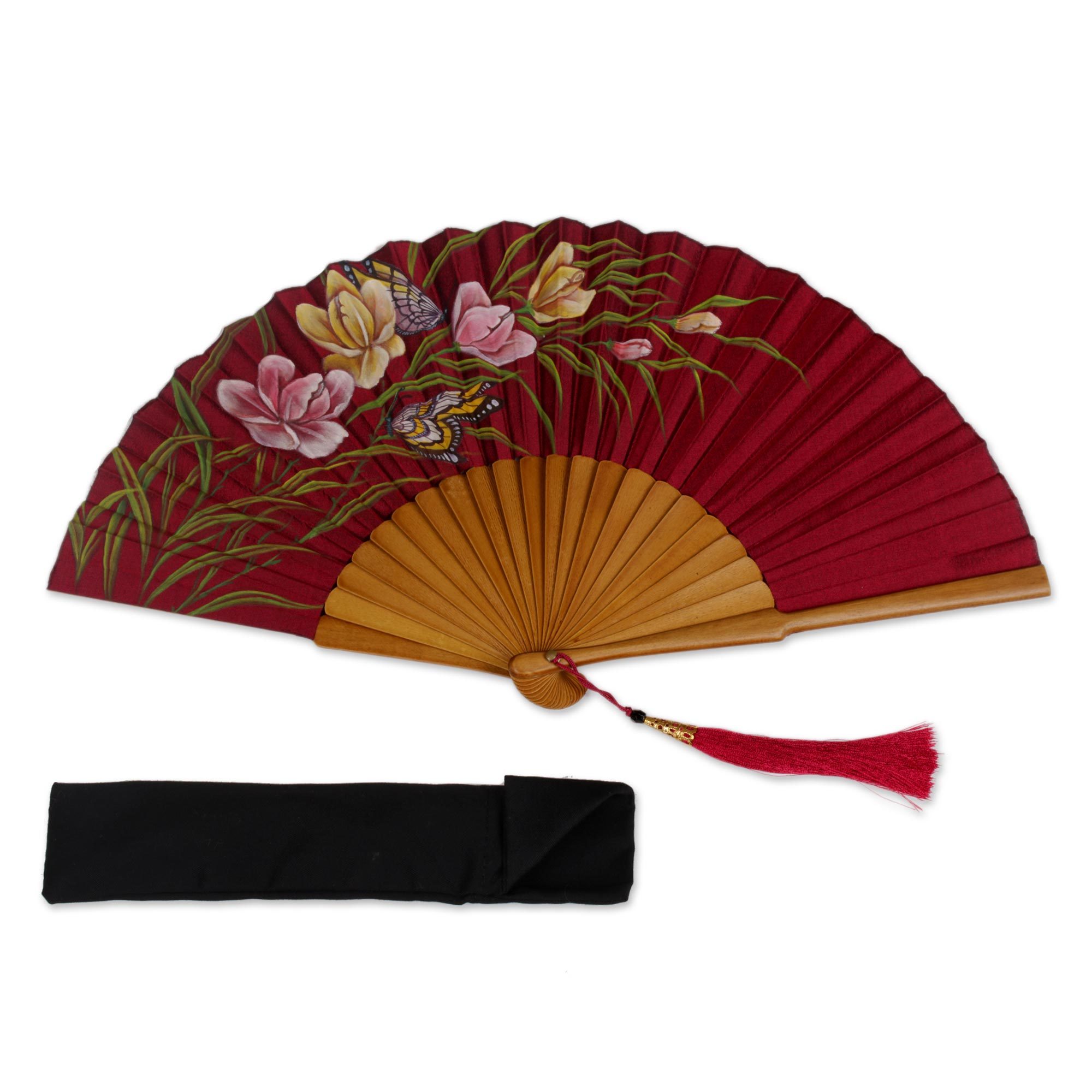 Silk and Wood Fan Floral Motifs in Maroon from Indonesia - Empress ...