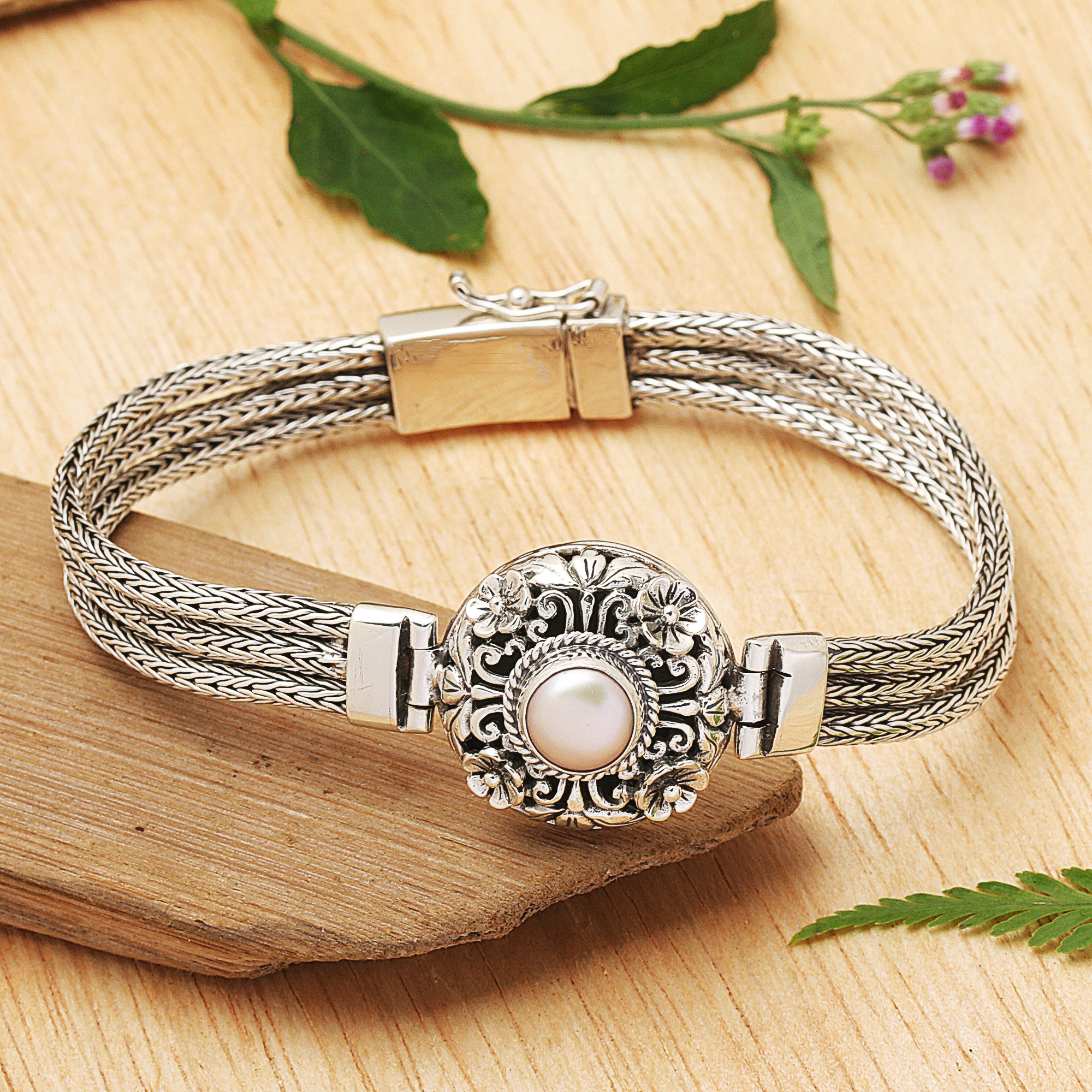 UNICEF Market | 925 Silver and Cultured Pearl Balinese Floral Bracelet ...