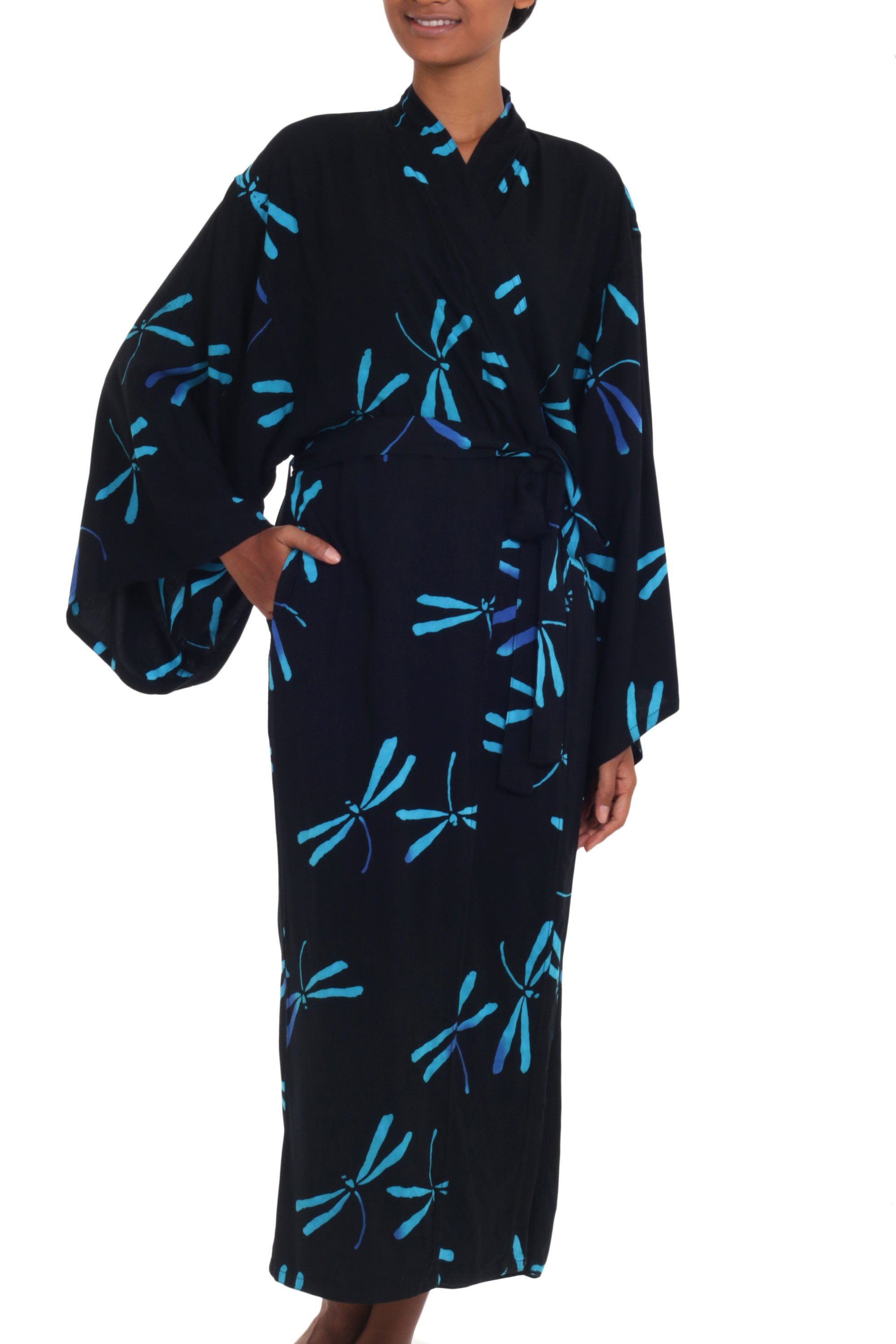 Handcrafted Black Batik Robe with Dragonflies from Bali - Night ...