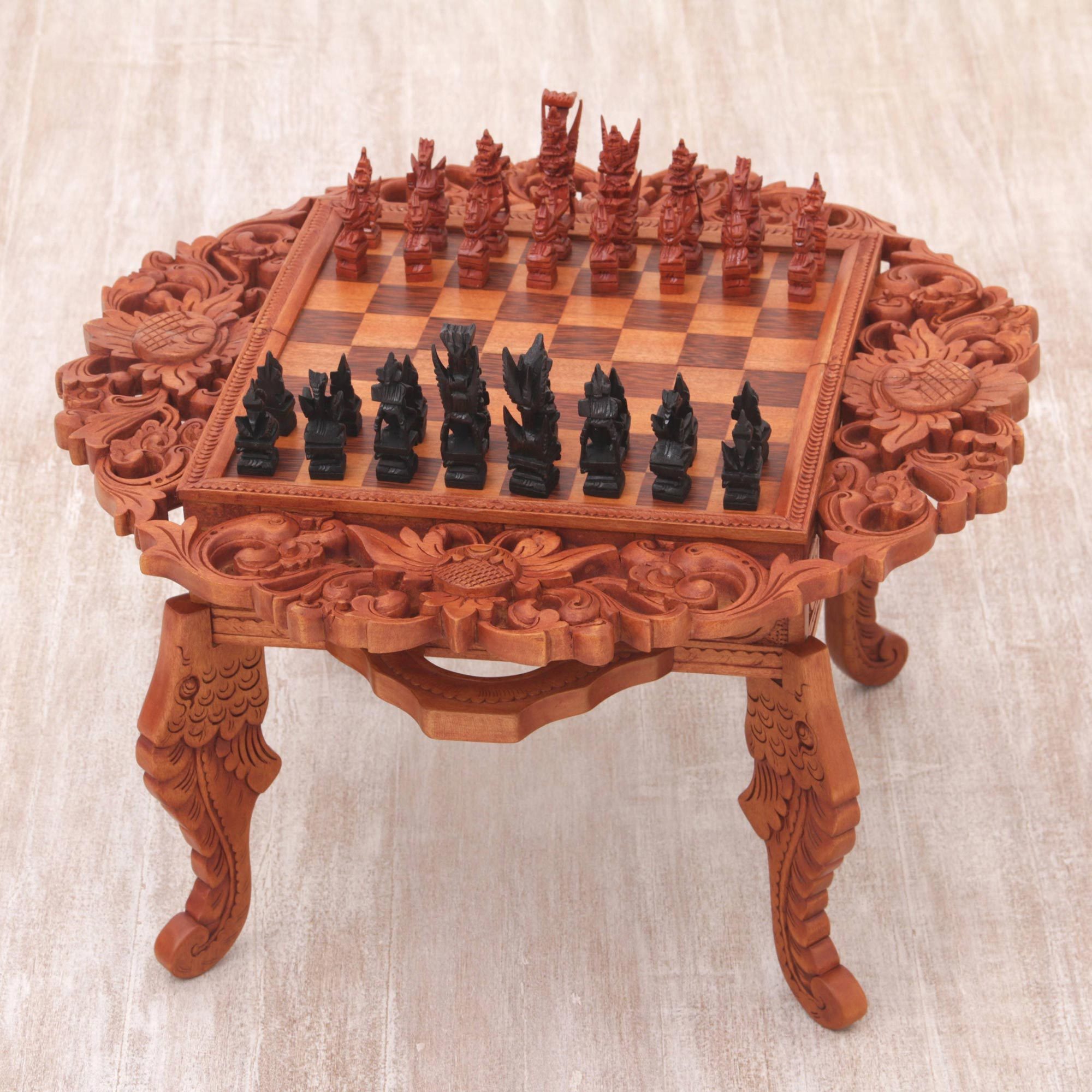Hand Carved Wood Chess Set - Ramayana Garland | NOVICA