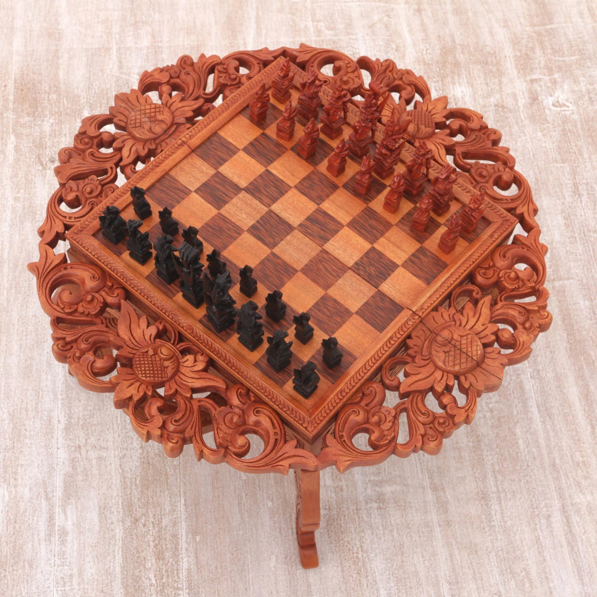 Hand Carved Wood Chess Set - Ramayana Garland | NOVICA