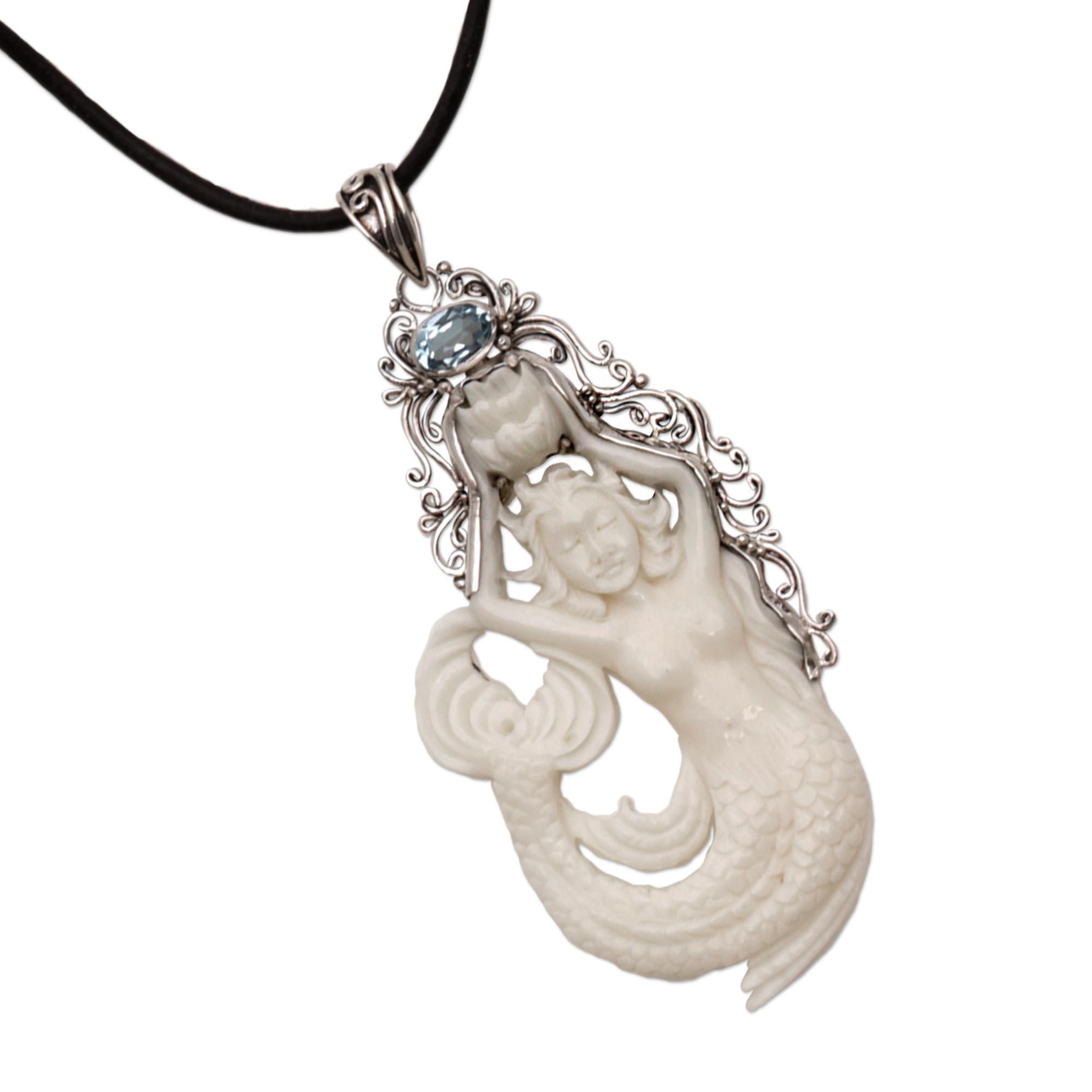UNICEF Market | Blue Topaz Sterling Silver and Bone Mermaid Pendant ...