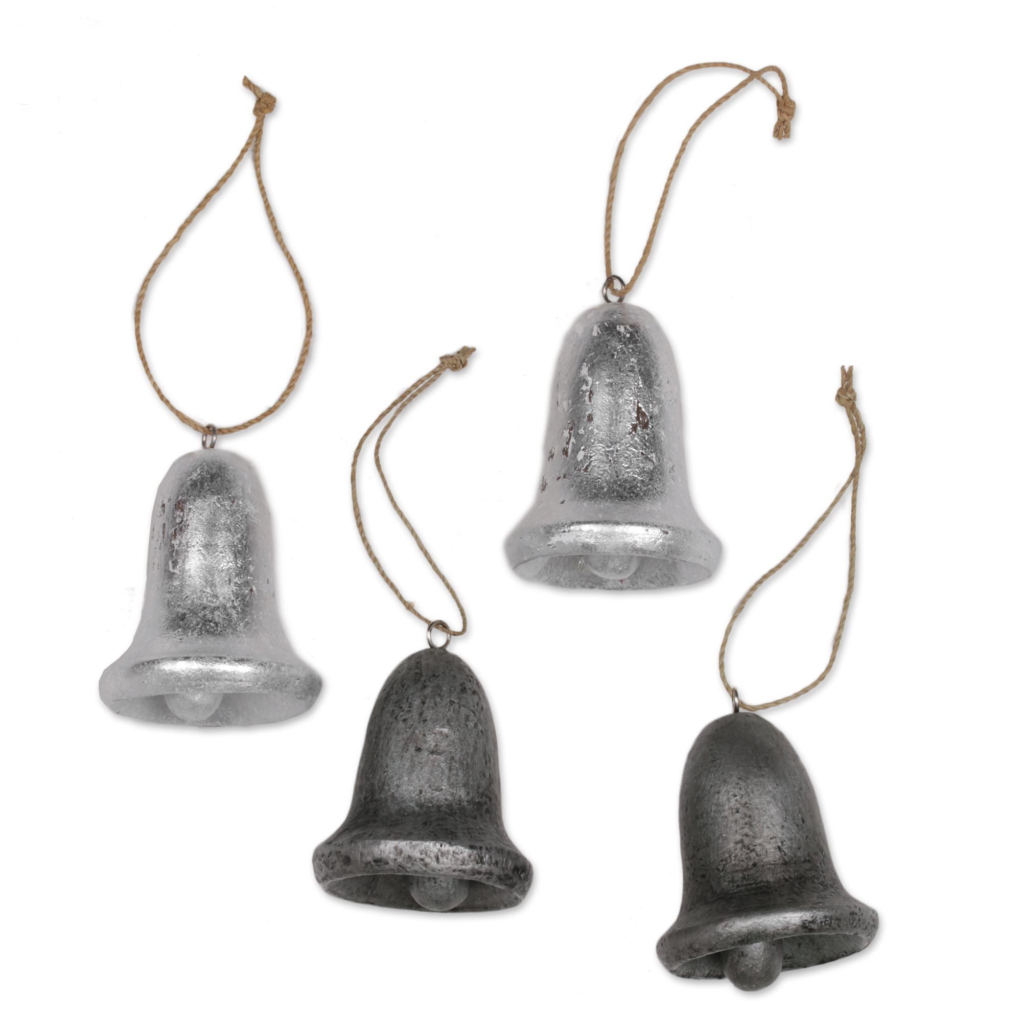 Four Silver Tone Albesia Wood Bell Ornaments from Bali - Yuletide Bells ...