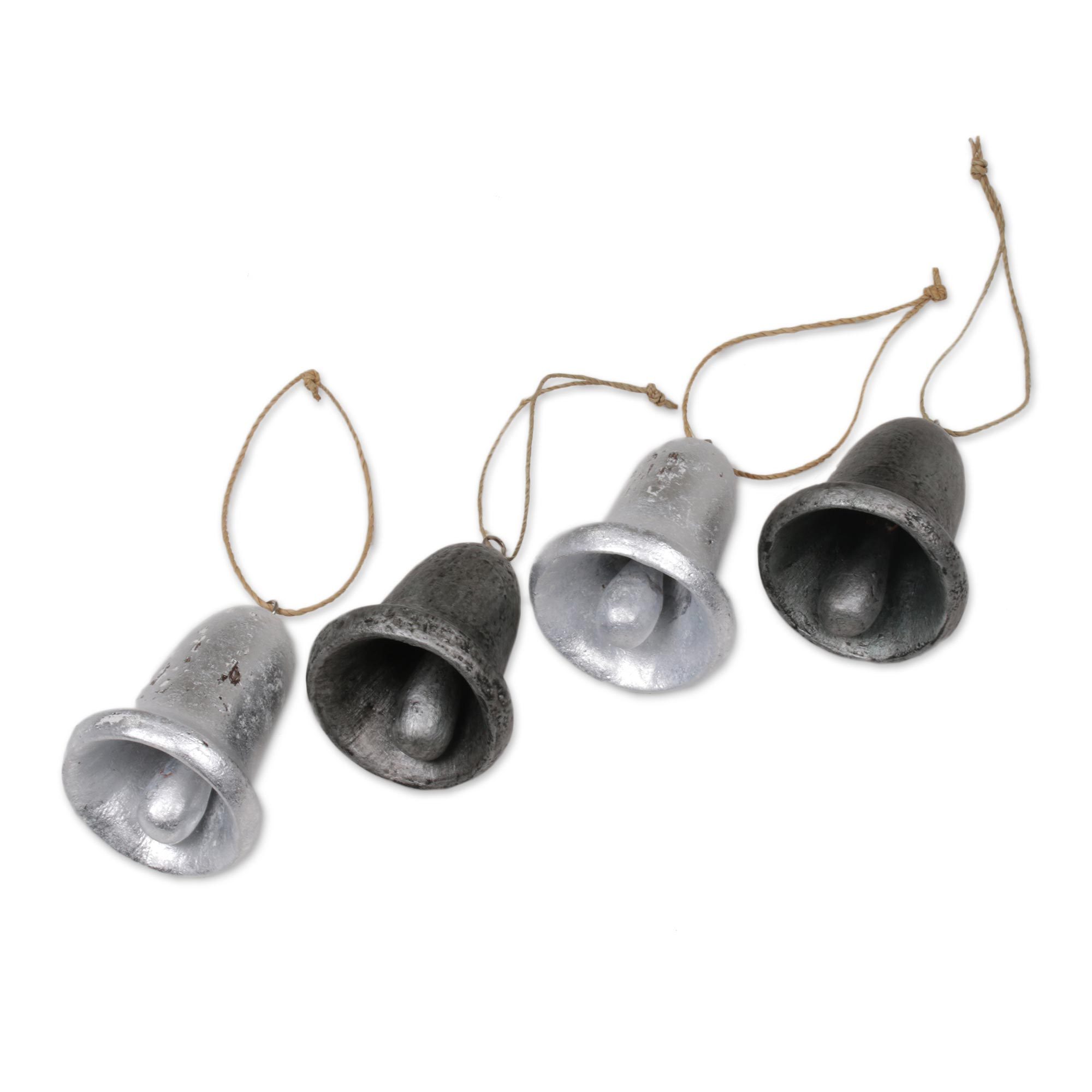 Four Silver Tone Albesia Wood Bell Ornaments from Bali - Yuletide Bells ...
