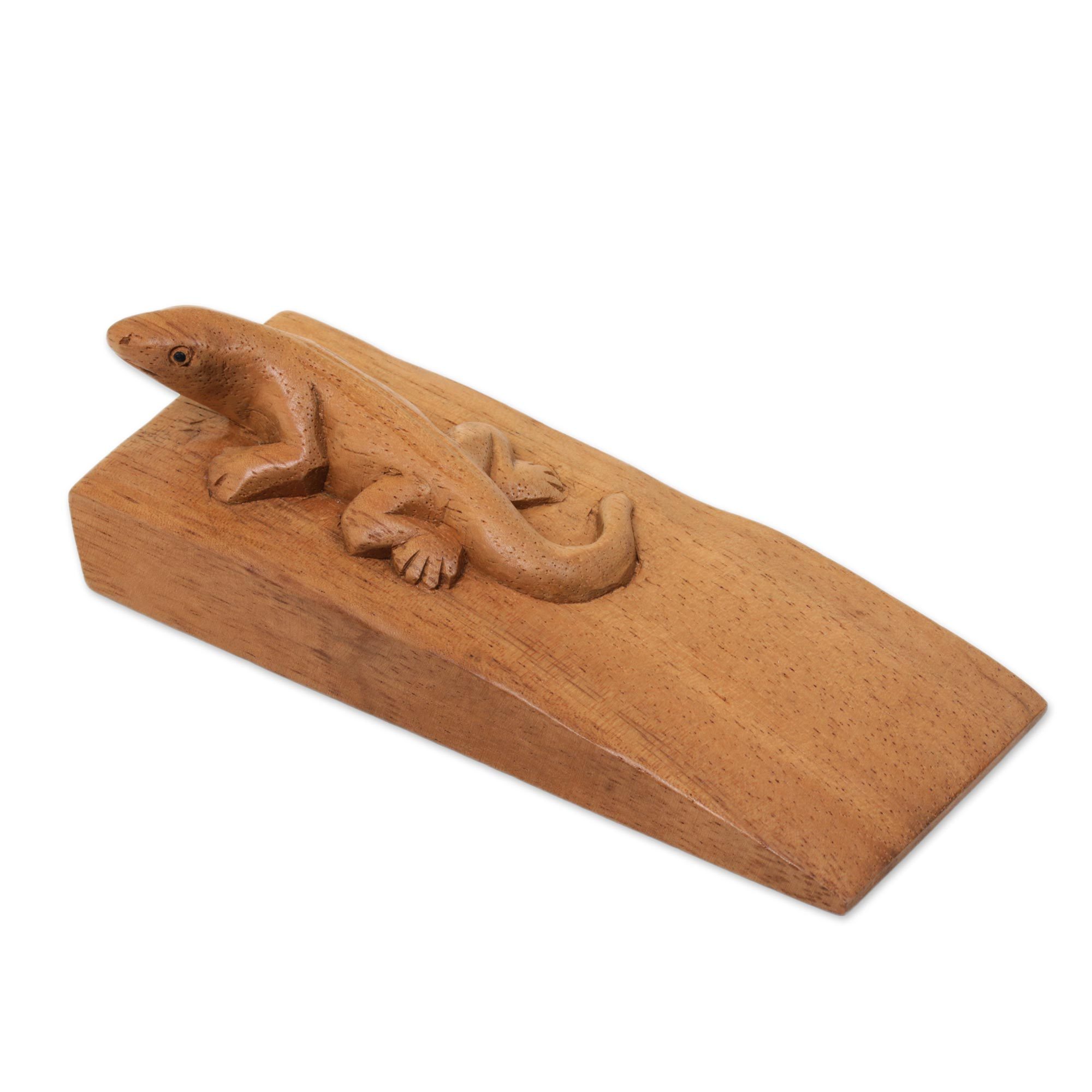 Hand Carved Suar Wood Lizard Door Stopper in Brown from Bali - Handy ...