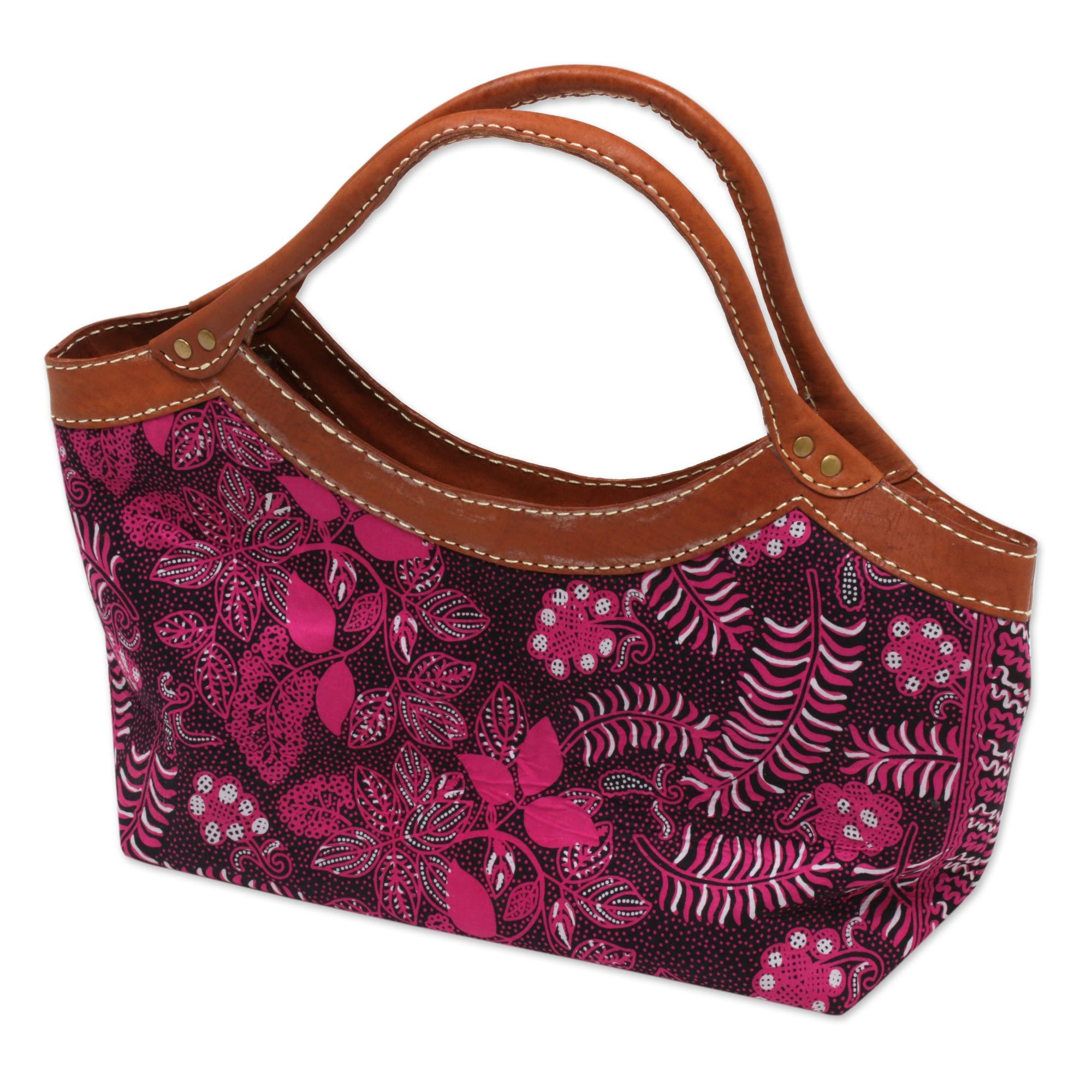 Batik Floral Leather Accent Cotton Handle Handbag from Bali - Fuchsia ...