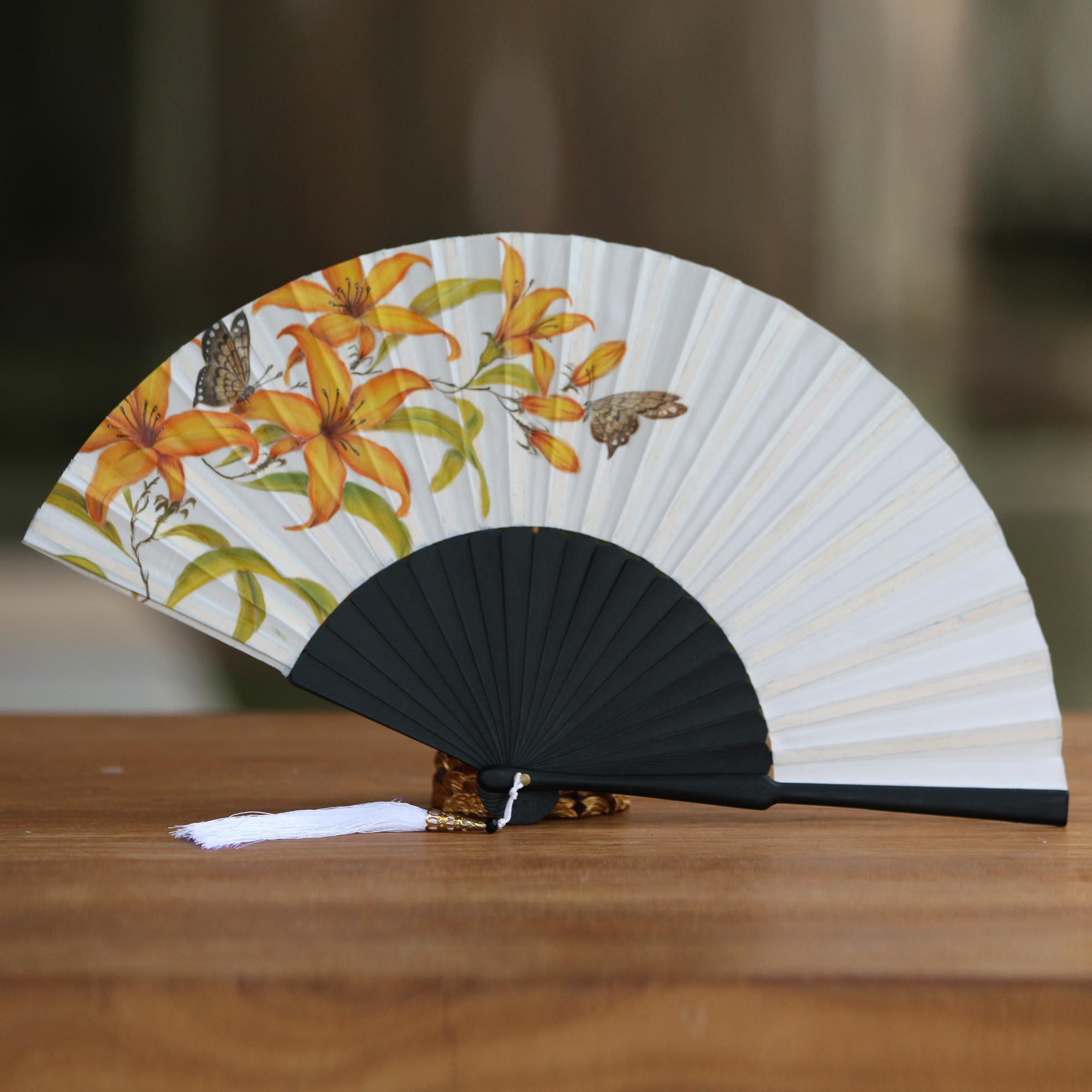 UNICEF Market | Handmade Silk and Mahogany Fan with Lilies and ...