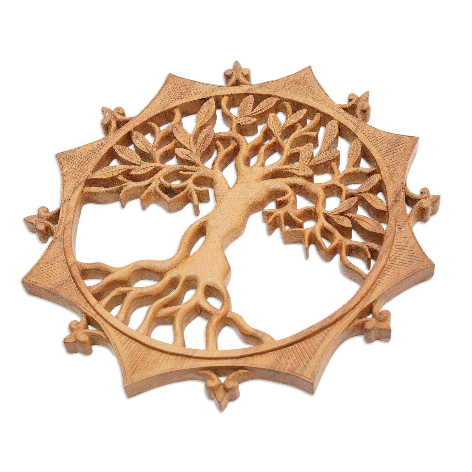 Handcrafted Circular Wood Tree Relief Panel from Bali - Sunshine Tree ...
