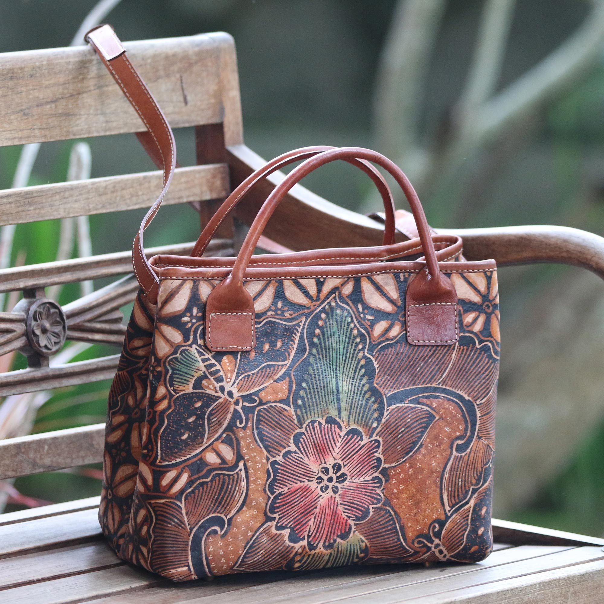 Handcrafted Batik Floral Leather Handle Handbag from Bali - Kembang ...