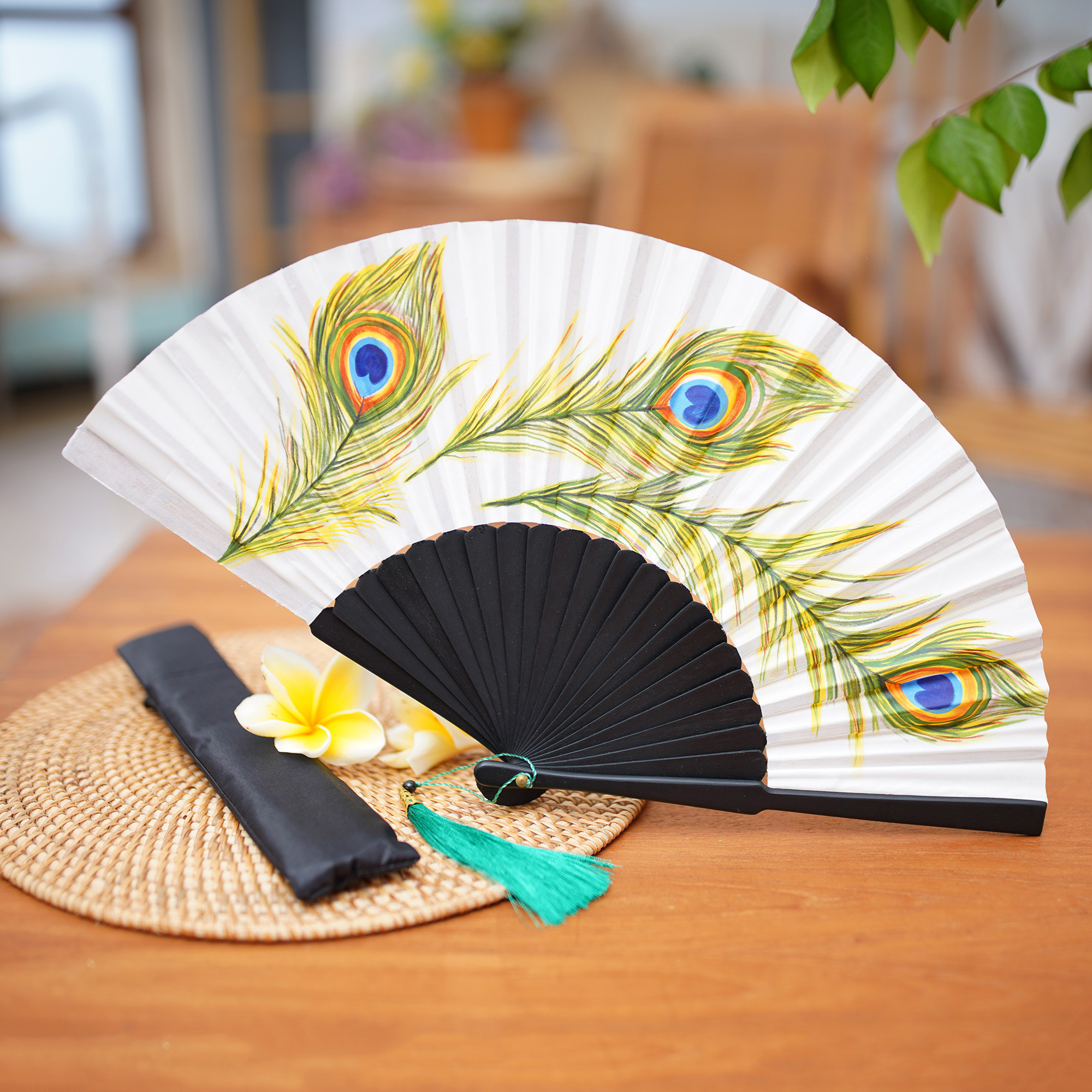 Handmade Mahogany Fan with Peacock Feathers from Bali - Peacock Feather ...